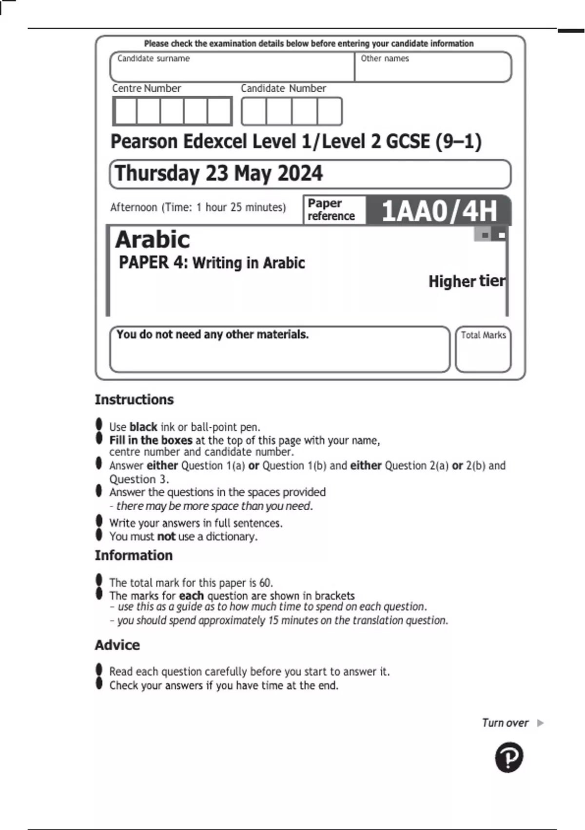 2024 Pearson Edexcel GCSE In Arabic (1AA0) Paper 4H Writing in Arabic ...