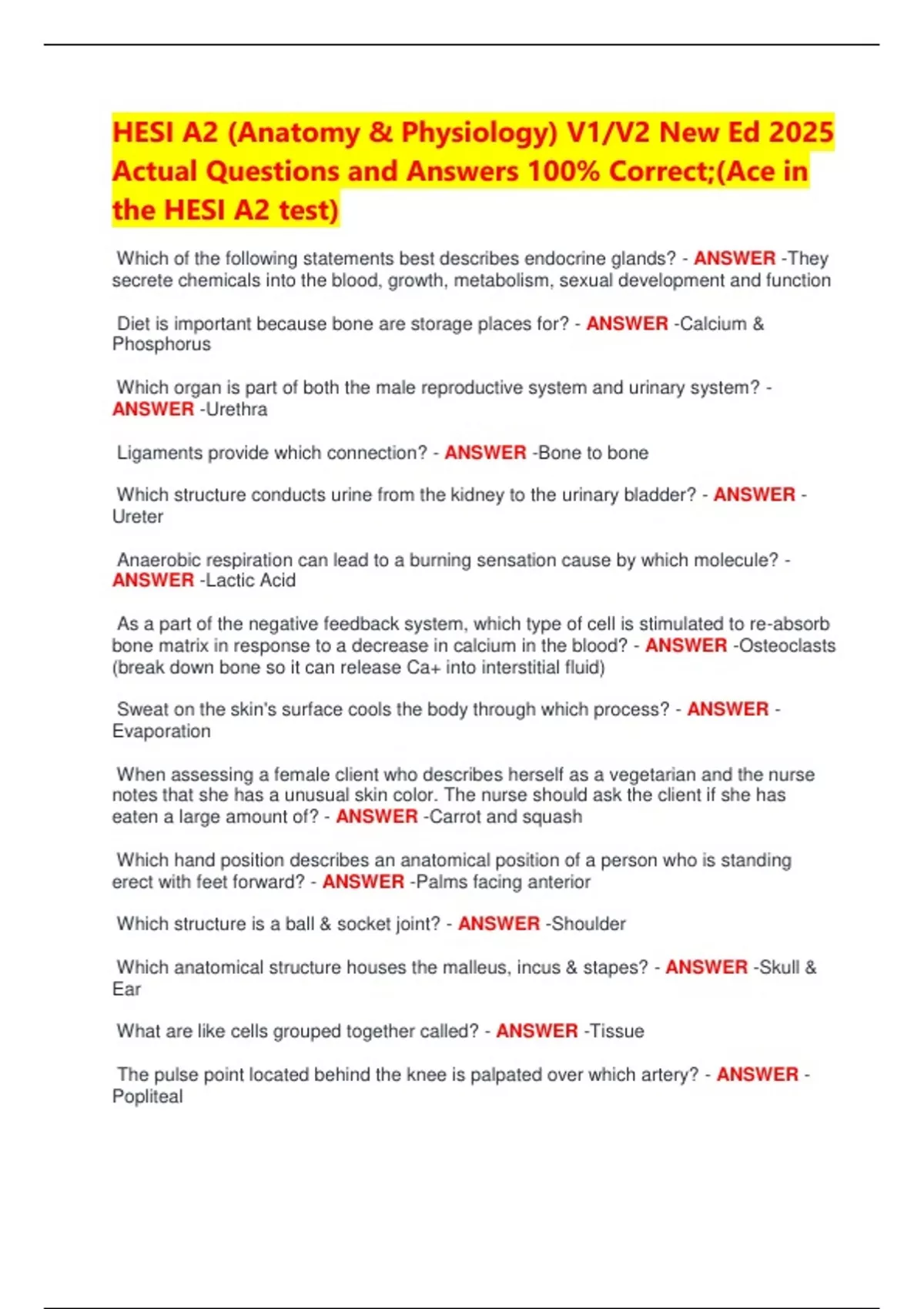 HESI A2 (Anatomy & Physiology) V1/V2 New Ed 2025 Actual Questions and ...