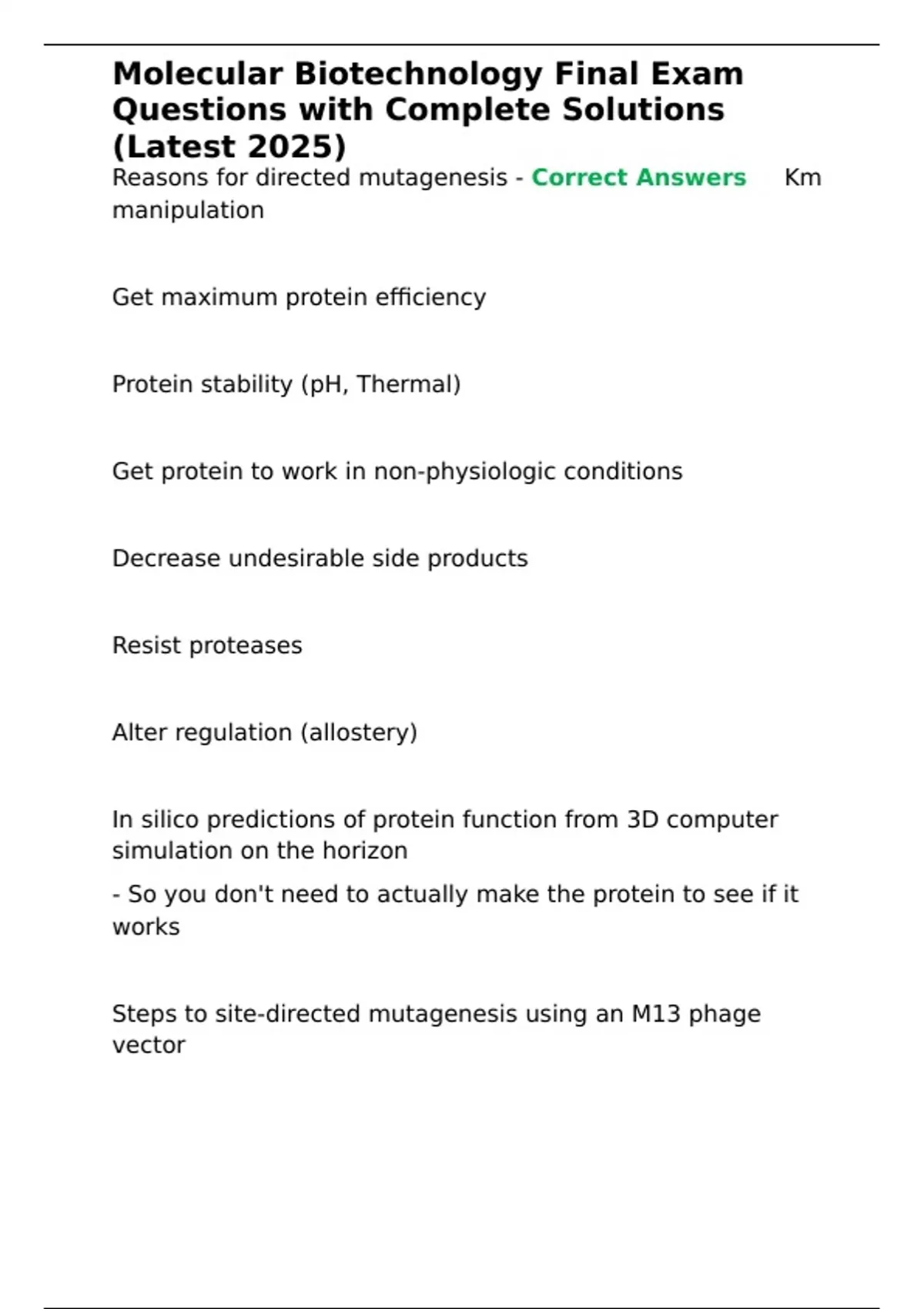 Molecular Biotechnology Final Exam Questions with Complete Solutions ...