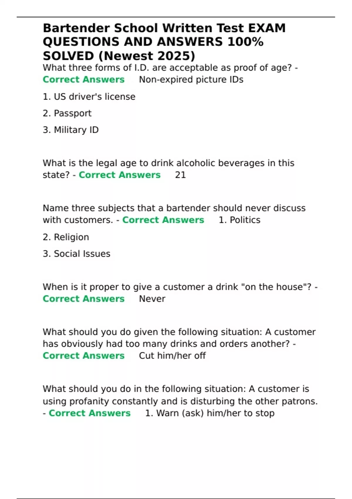 Bartender School Written Test EXAM QUESTIONS AND ANSWERS 100- SOLVED ...