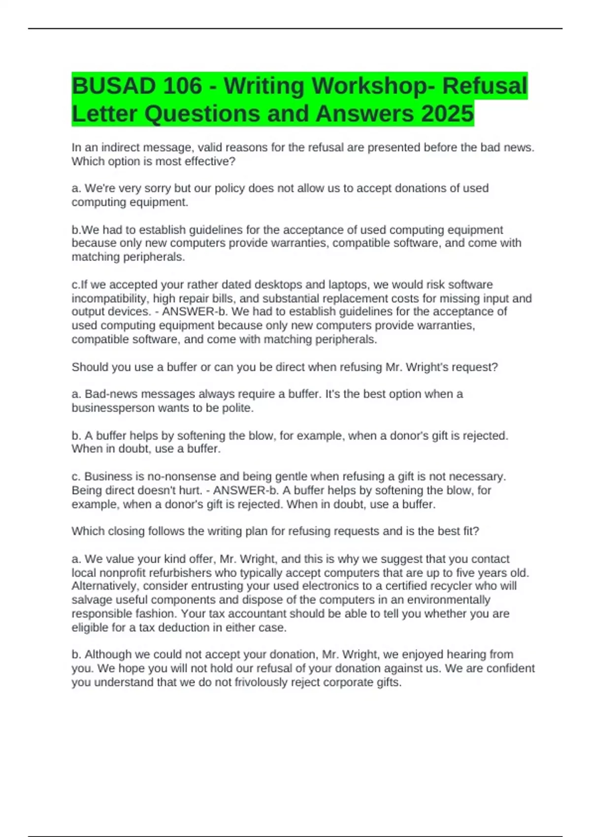 BUSAD 106 - Writing Workshop- Refusal Letter Questions and Answers 2025 ...