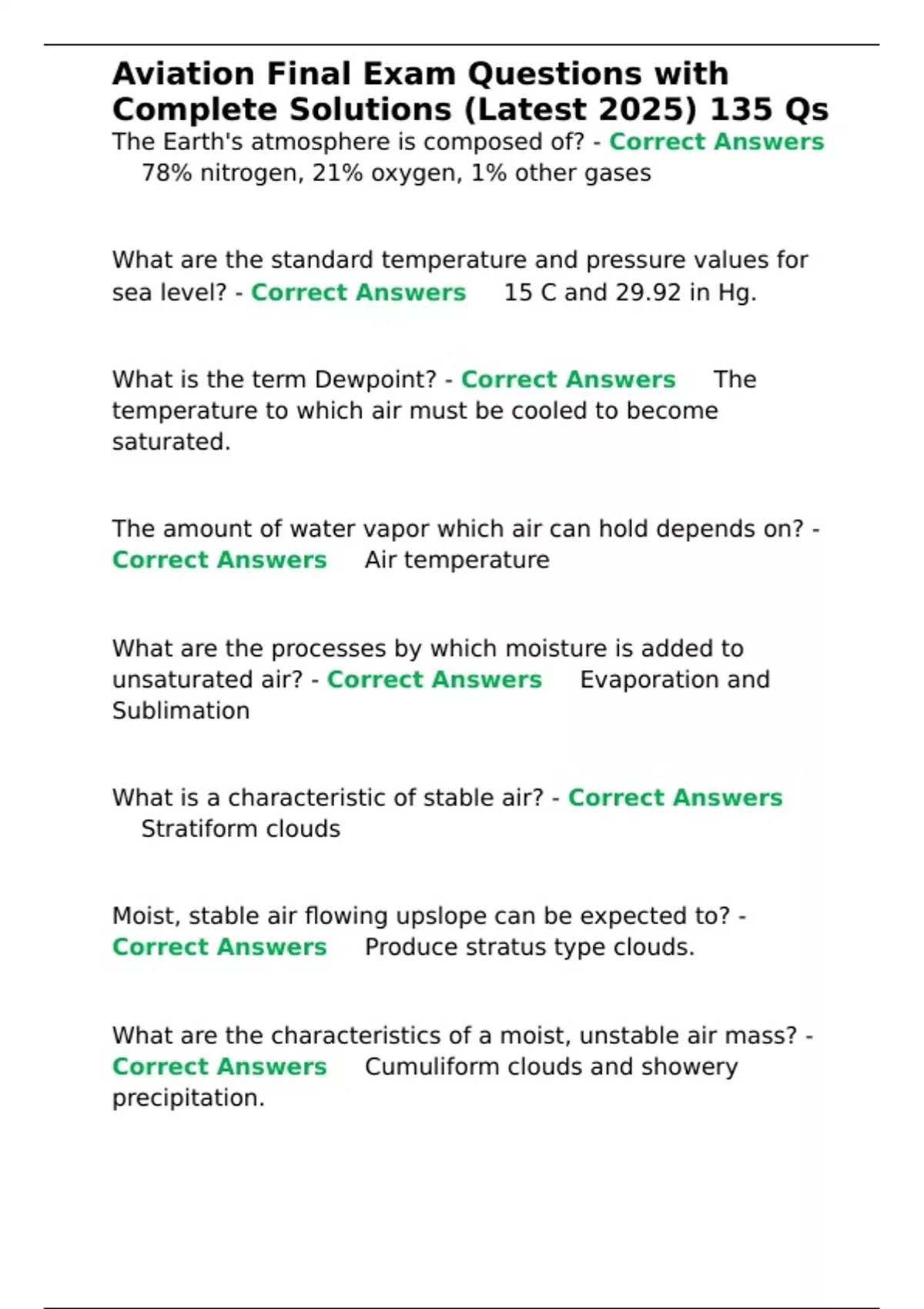 Aviation Final Exam Questions with Complete Solutions (Latest 2025) 135 ...