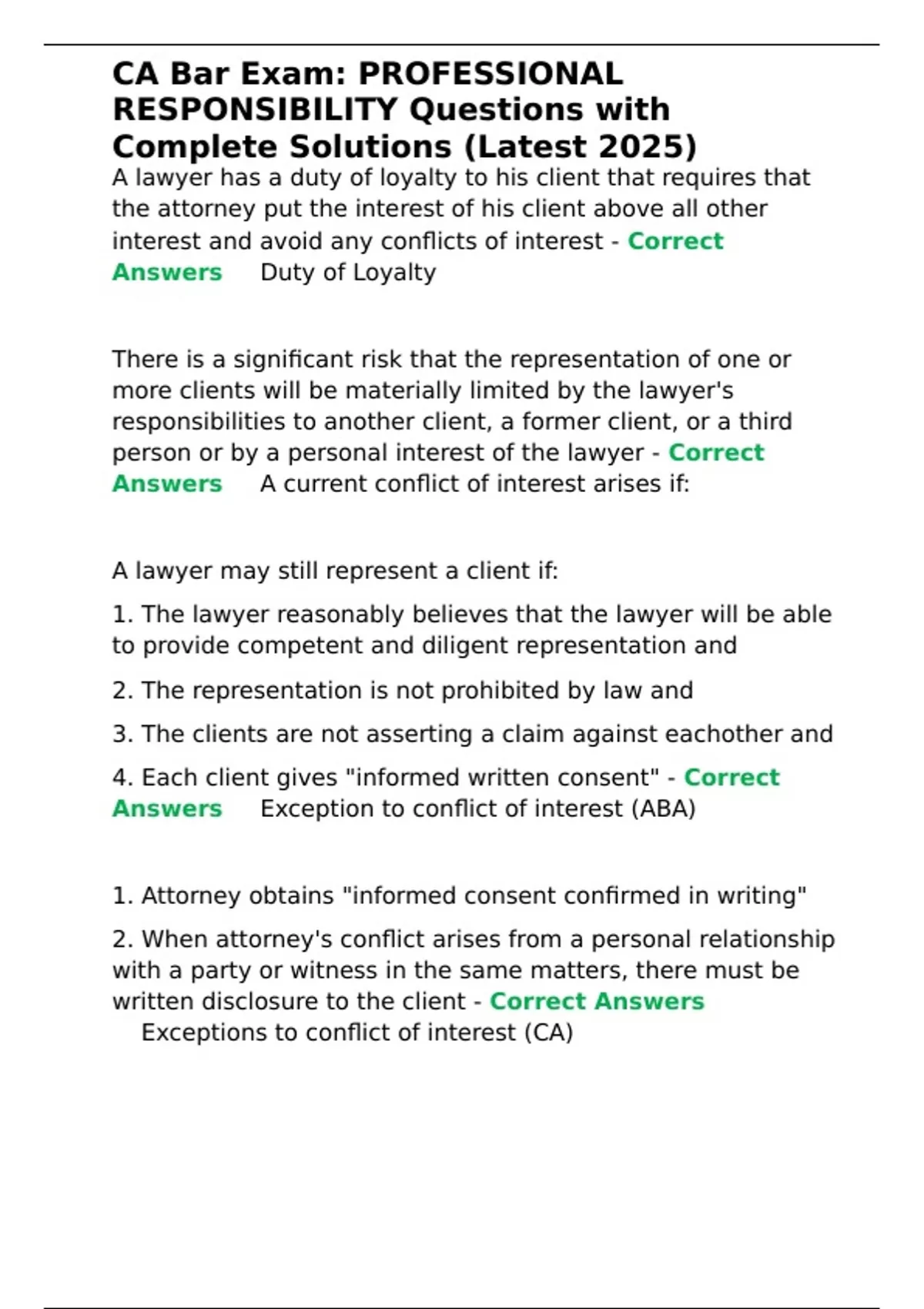 CA Bar Exam PROFESSIONAL RESPONSIBILITY Questions with Complete ...
