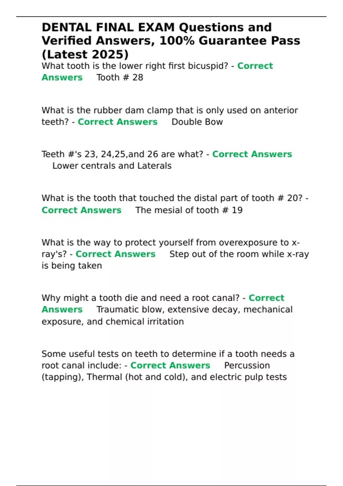 DENTAL FINAL EXAM Questions and Verified Answers, 100- Guarantee Pass ...