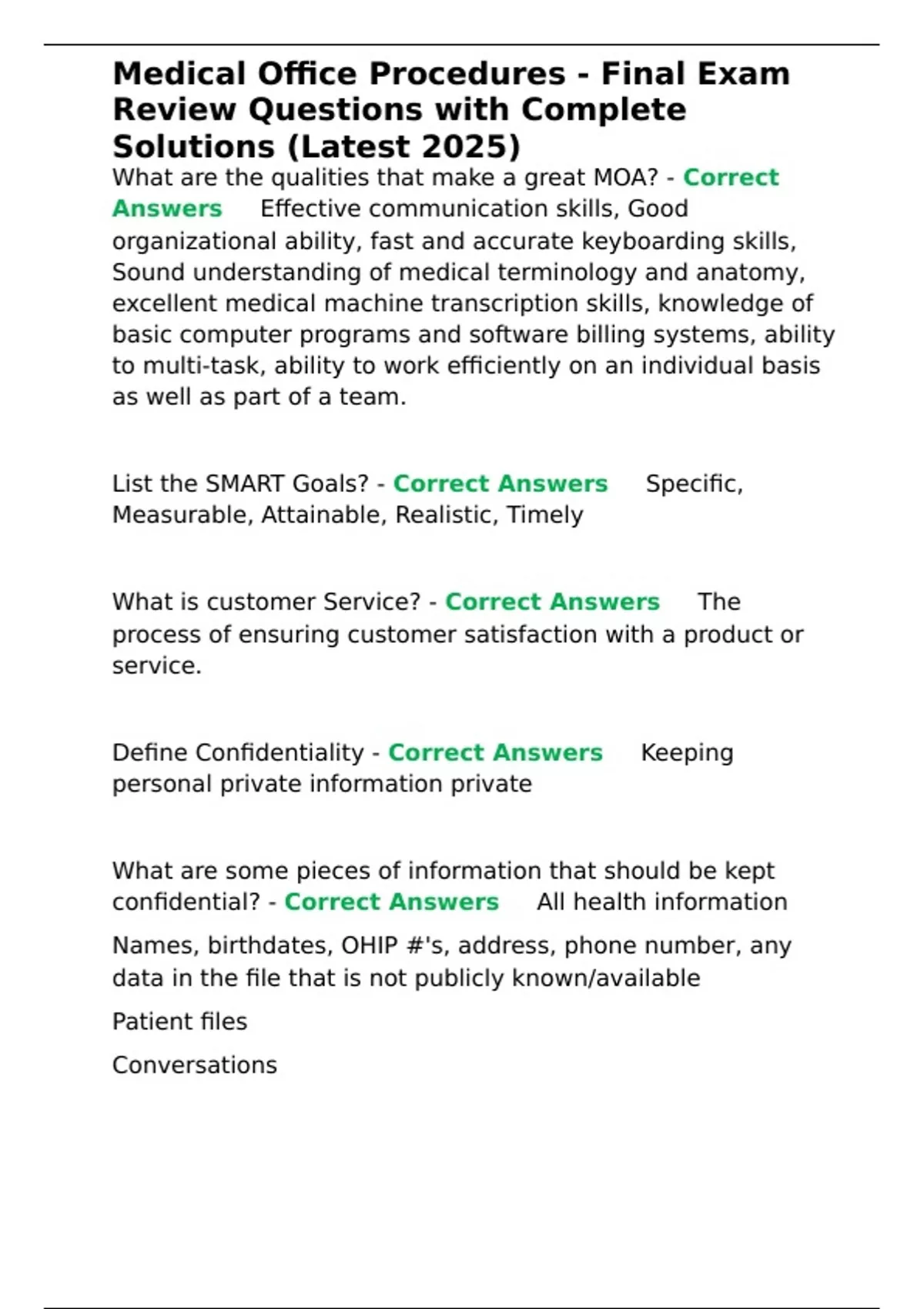 Medical Office Procedures - Final Exam Review Questions with Complete ...