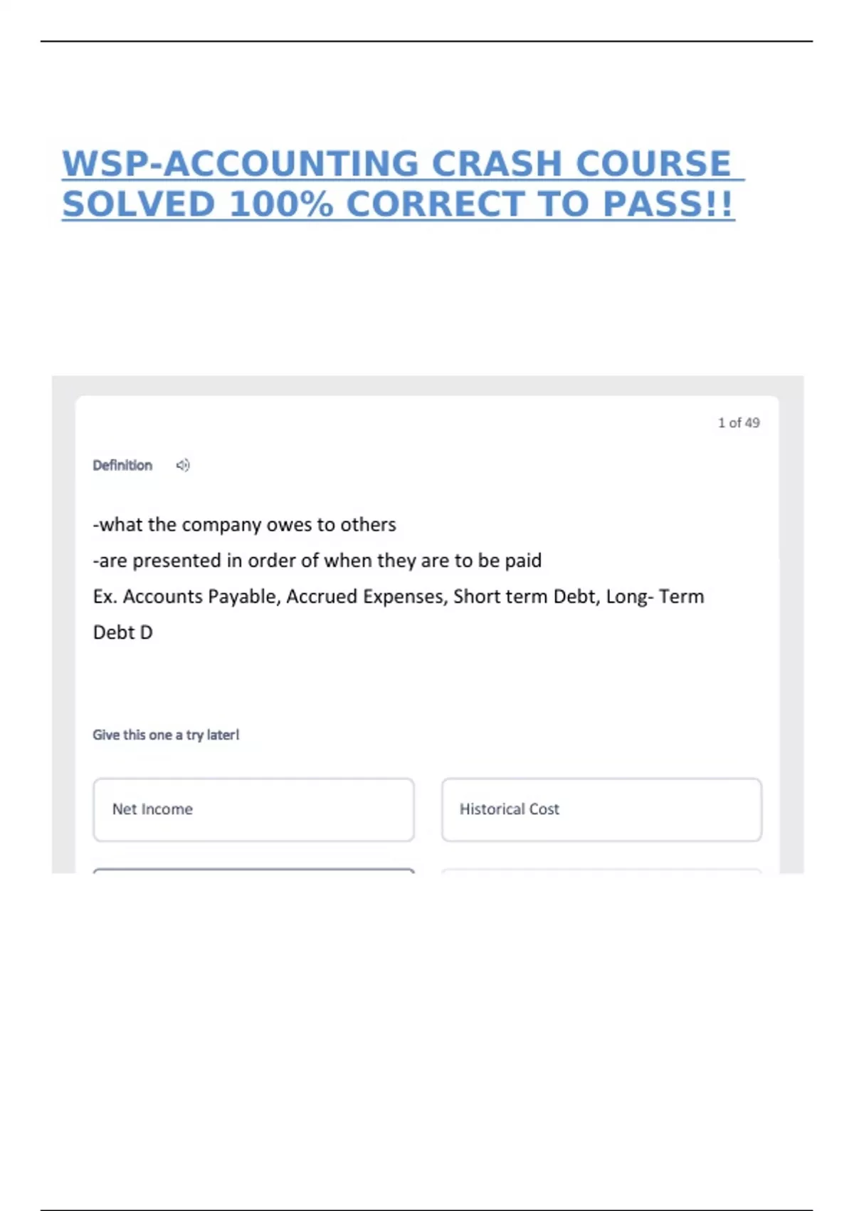 WSP-ACCOUNTING CRASH COURSE SOLVED 100% CORRECT TO PASS!! - Wsp - Stuvia US