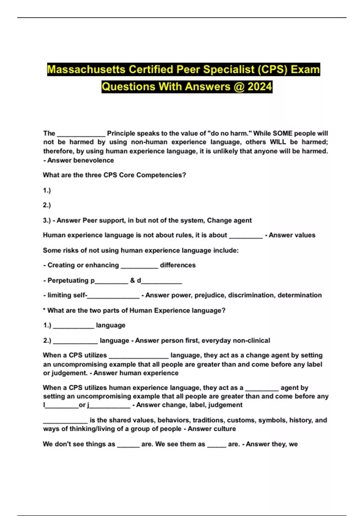 Massachusetts Certified Peer Specialist (CPS) Exam Questions With ...