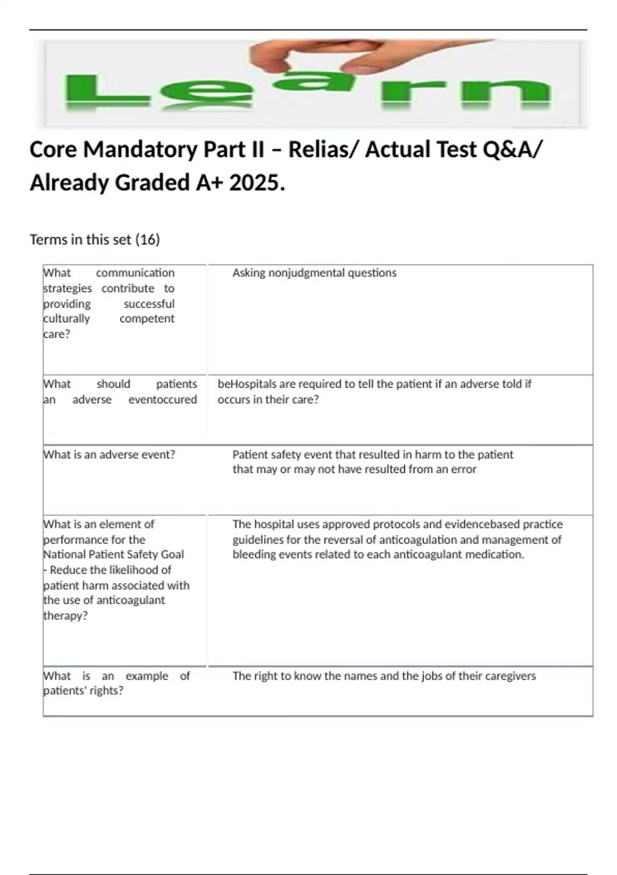 Core Mandatory Part II – Relias/ Actual Test Q&A/ Already Graded A+ ...