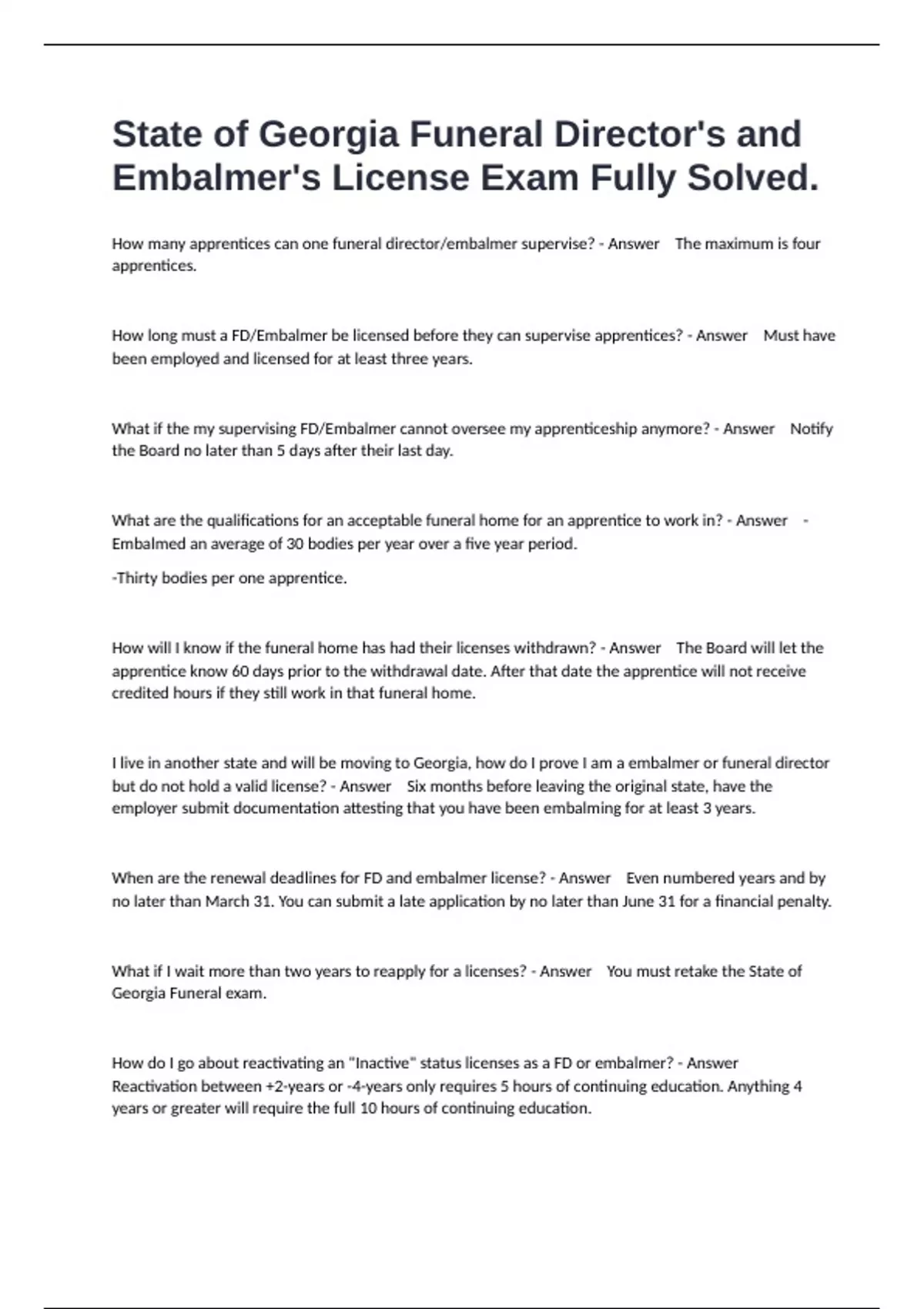 State of Georgia Funeral Director's and Embalmer's License Exam Fully ...