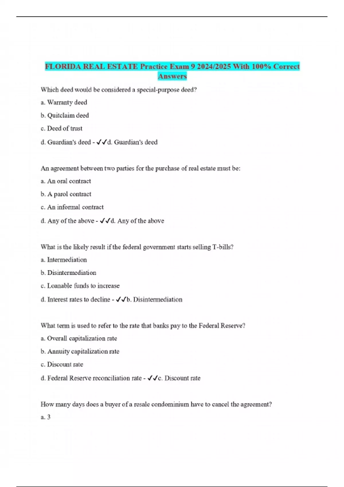 FLORIDA REAL ESTATE Practice Exam 9 2024/2025 With 100% Correct Answers ...