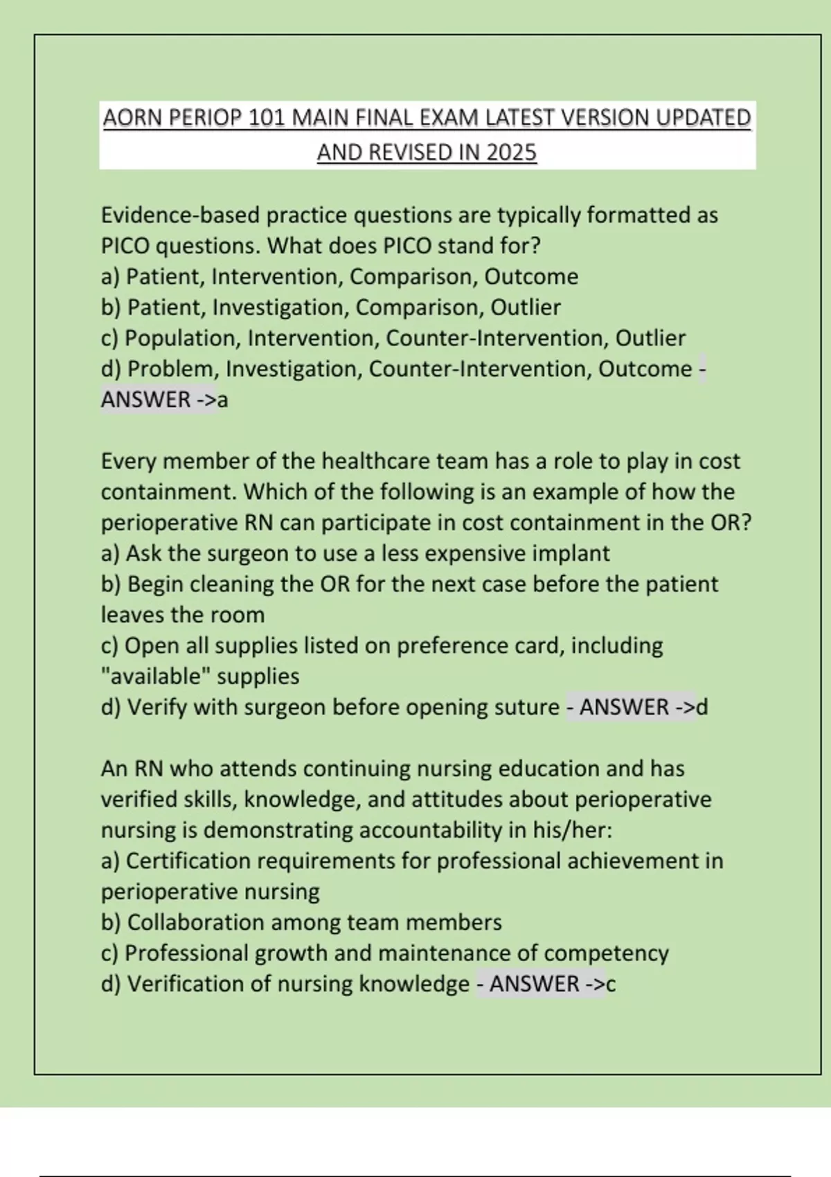 AORN PERIOP 101 MAIN FINAL EXAM LATEST VERSION UPDATED AND REVISED IN ...