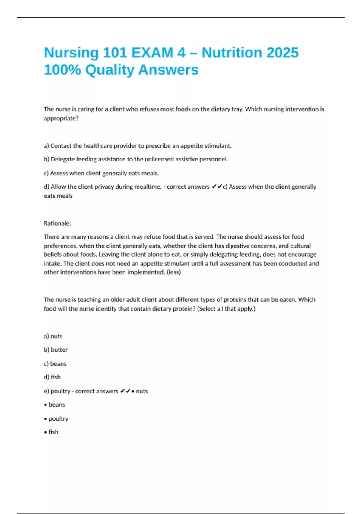 Nursing 101 EXAM 4 – Nutrition 2025 100% Quality Answers - Nursing 101 – Nutrition 2025 100% ...