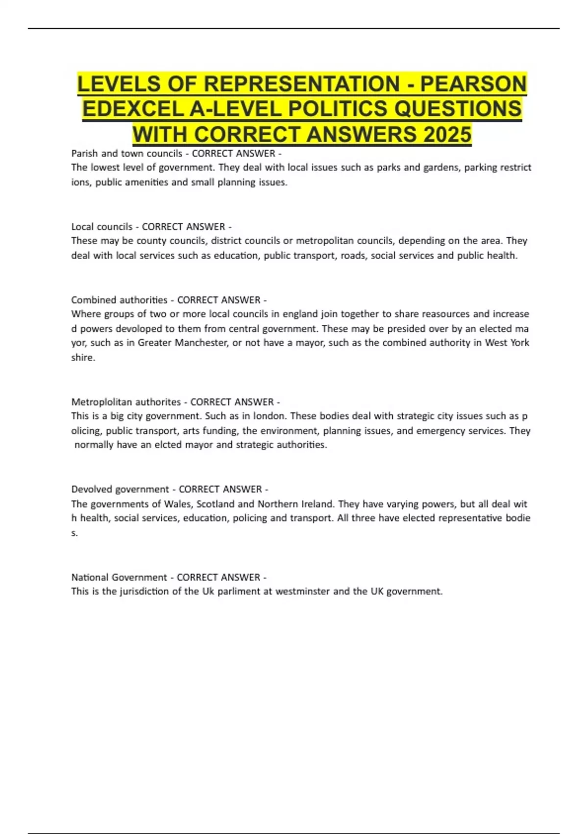 LEVELS OF REPRESENTATION - PEARSON EDEXCEL A-LEVEL POLITICS QUESTIONS WITH CORRECT ANSWERS 2025 ...