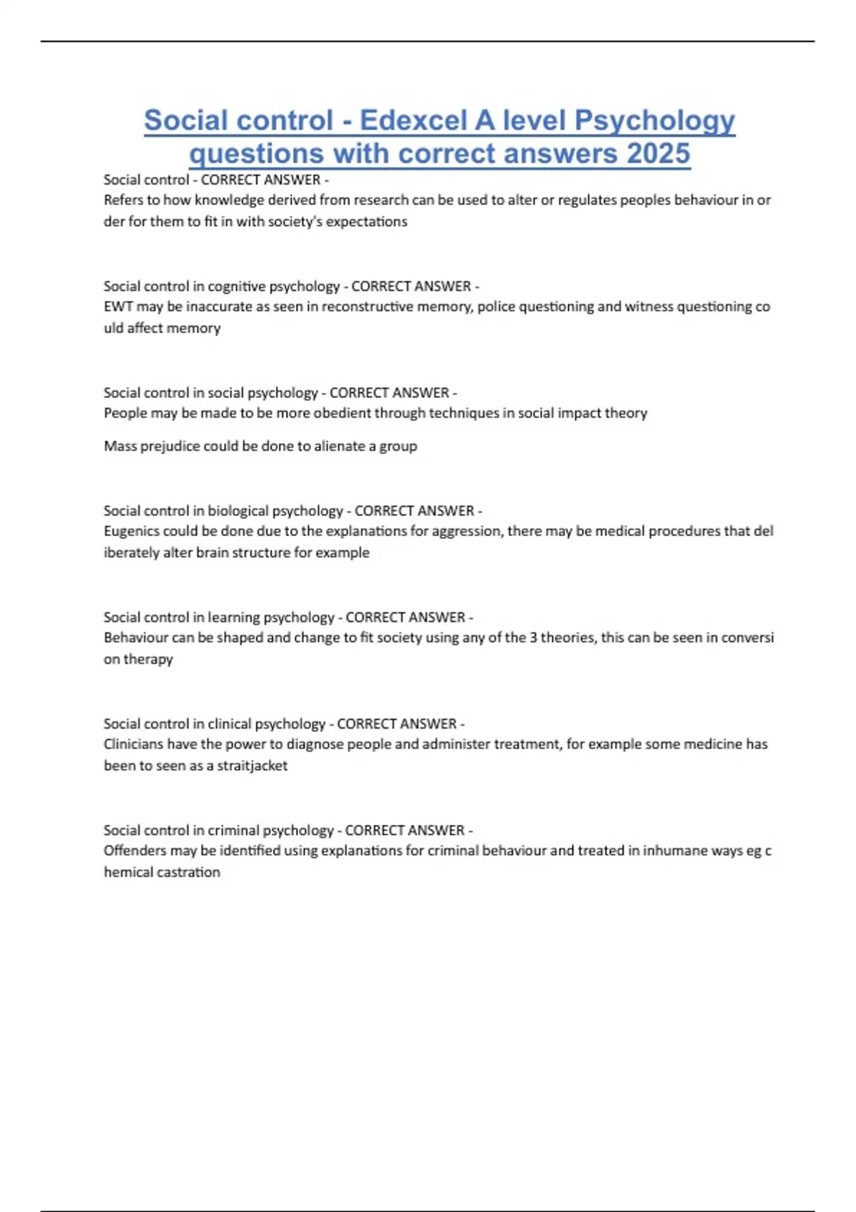 Social control - Edexcel A level Psychology questions with correct ...