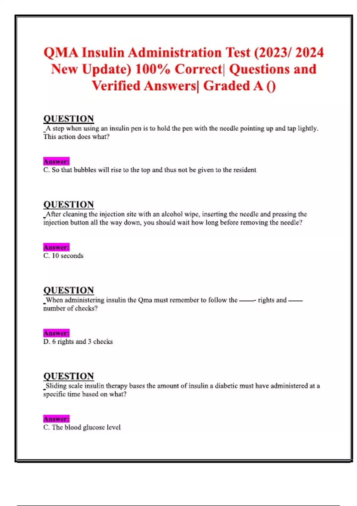 QMA Insulin Test - 100% Correct| Questions and Verified Answers| Grade ...