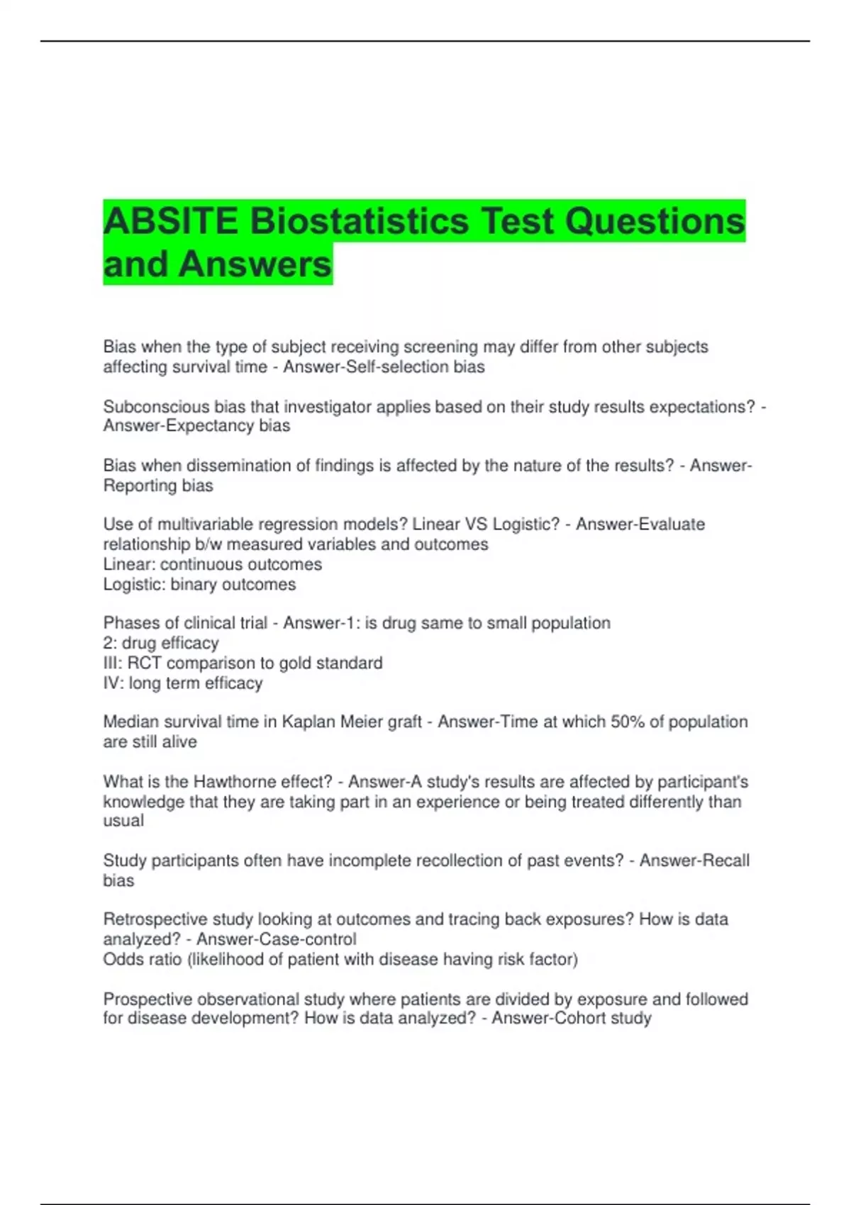 ABSITE Biostatistics Test Questions and Answers - ABSITE Biostatistics ...