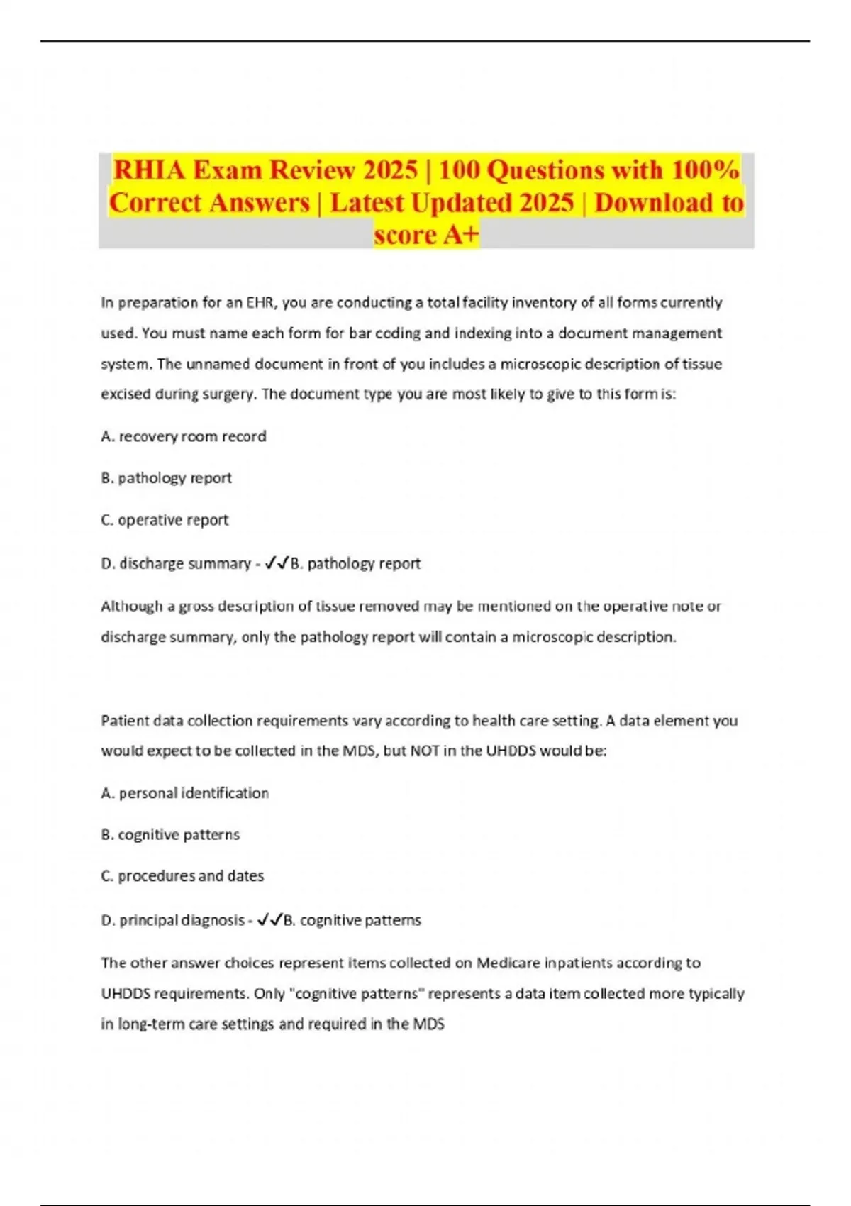 RHIA Exam Review 2025 | 100 Questions with 100% Correct Answers ...