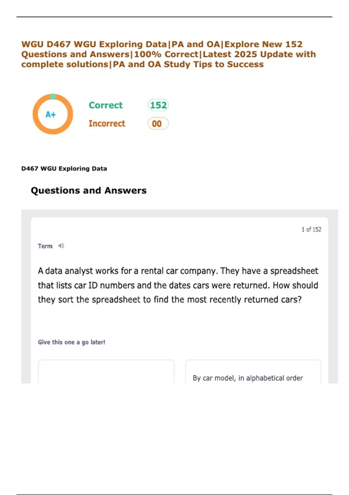WGU D467 Exploring Data|PA and OA|Explore New 152 Questions and Answers ...