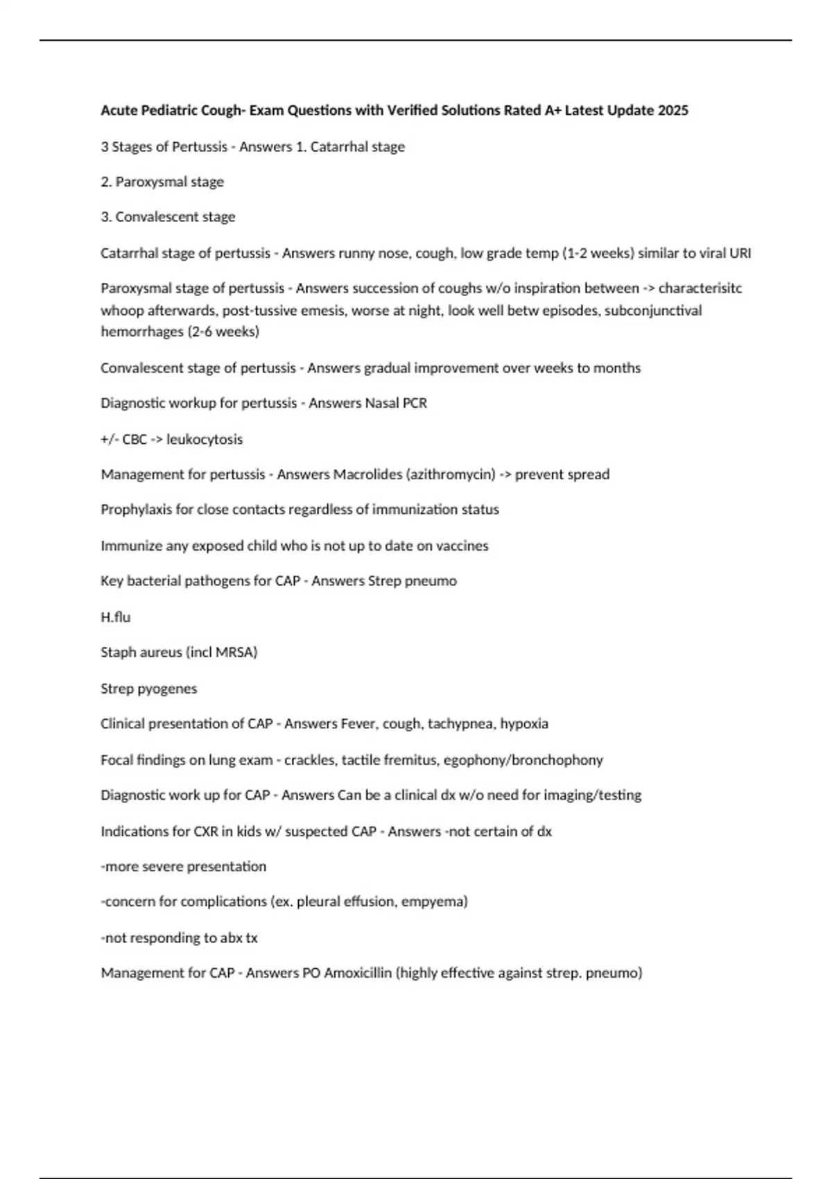 Acute Pediatric Cough- Exam Questions with Verified Solutions Rated A+ ...