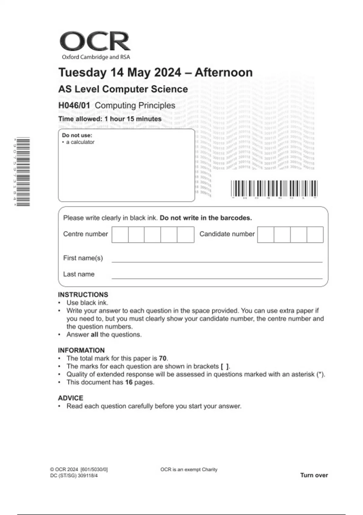 OCR AS Level Computer Science H046/01 JUNE 2024 QUESTION PAPER: Computing Principles - AS Level ...