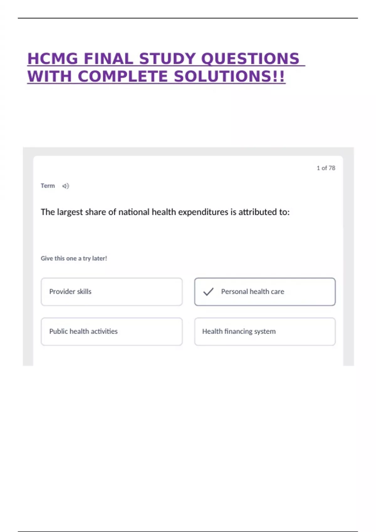 HCMG FINAL STUDY QUESTIONS WITH COMPLETE SOLUTIONS!! - HCMG - Stuvia US