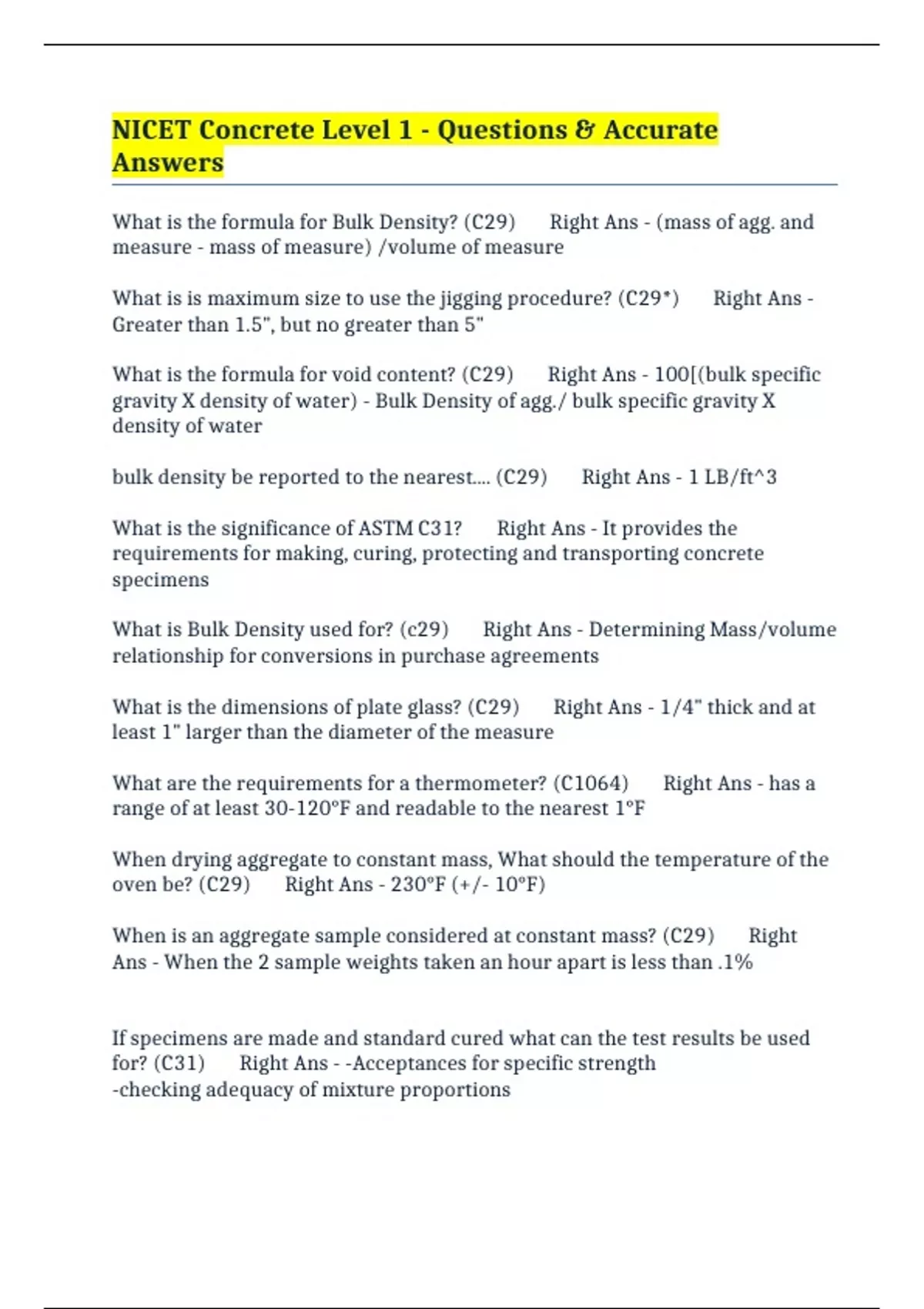 NICET Concrete Level 1 - Questions & Accurate Answers - NICET* - Stuvia US