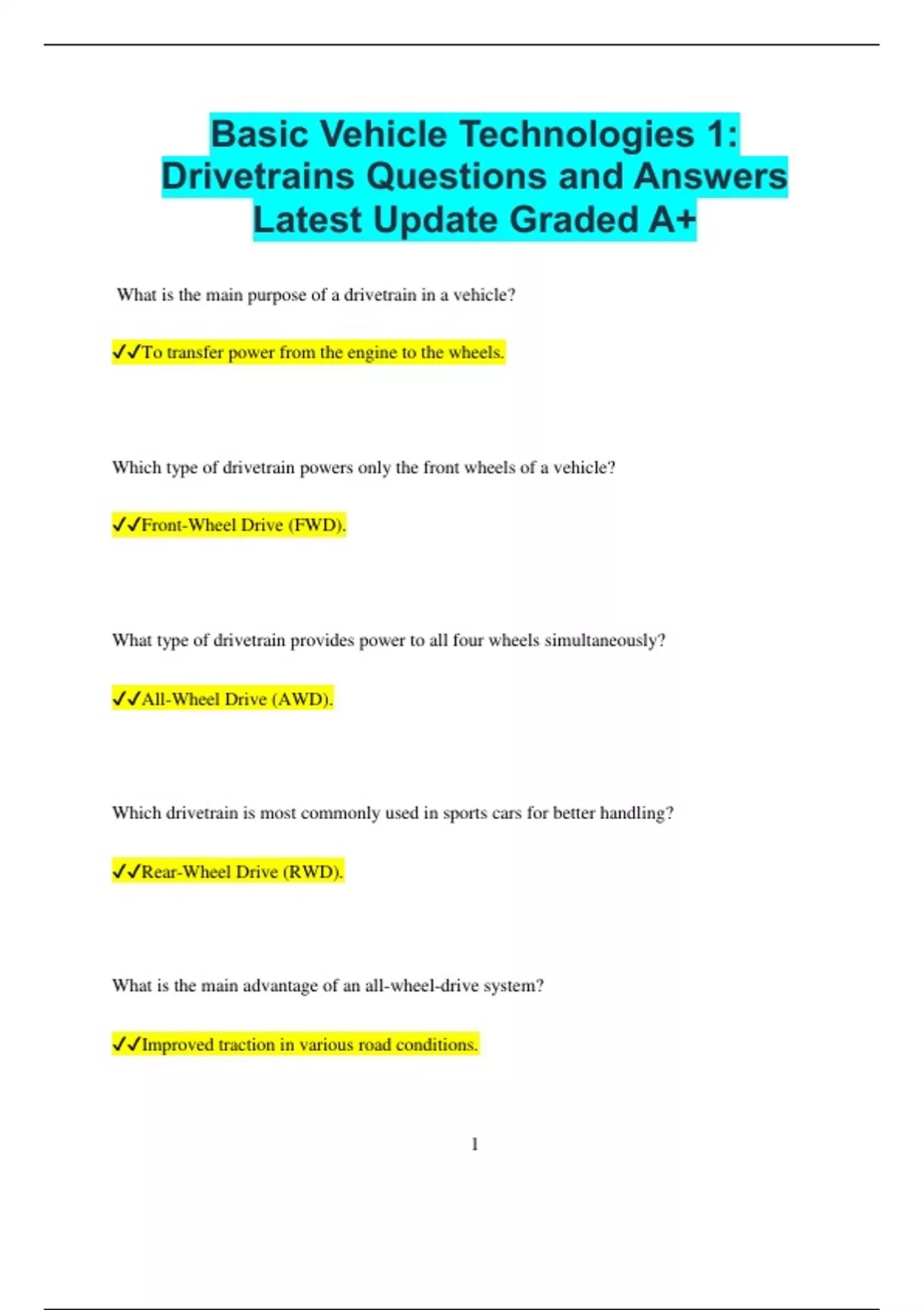 Basic Vehicle Technologies 1 & 2 Bundled Exams Questions and Answers ...