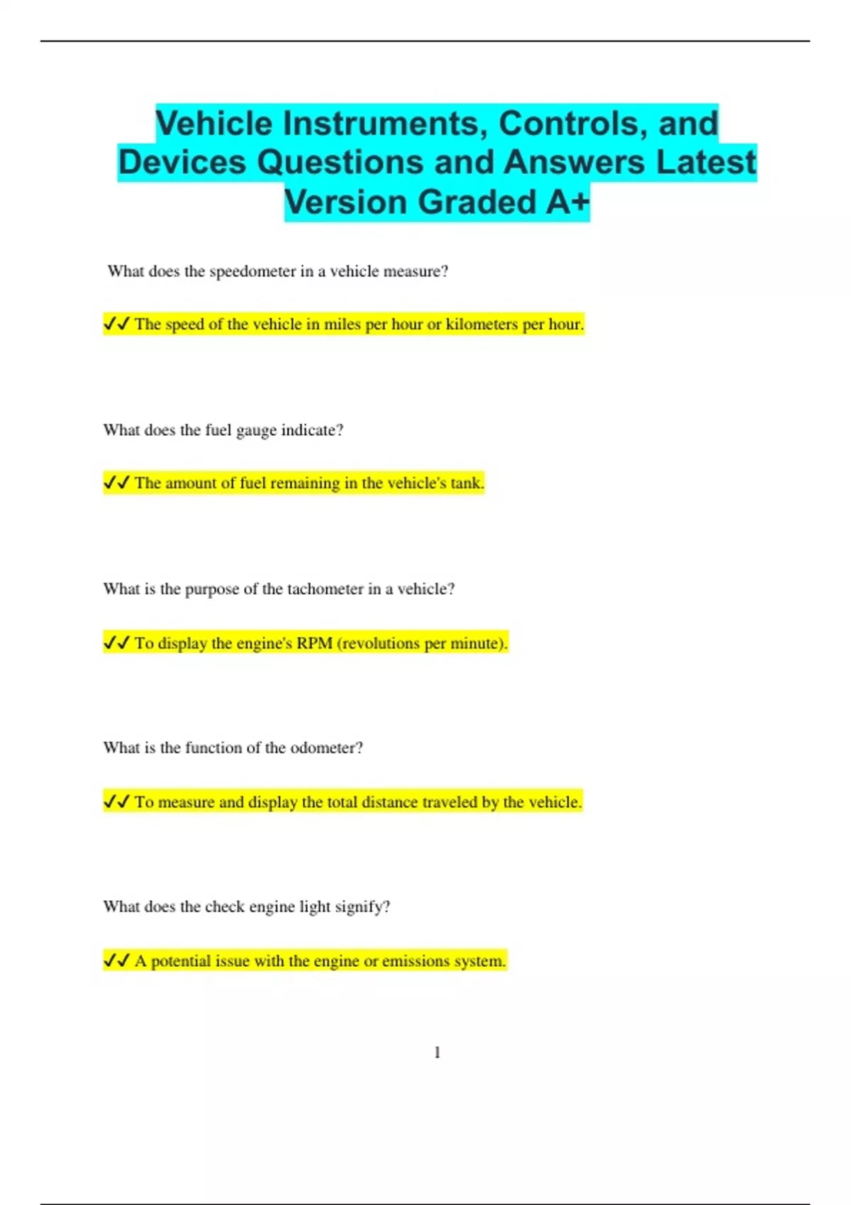 Vehicle Instruments, Controls, and Devices Questions and Answers Latest ...