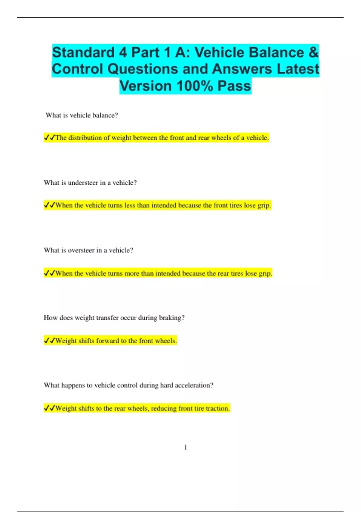 Standard 4 Part 1 A: Vehicle Balance & Control Questions and Answers ...
