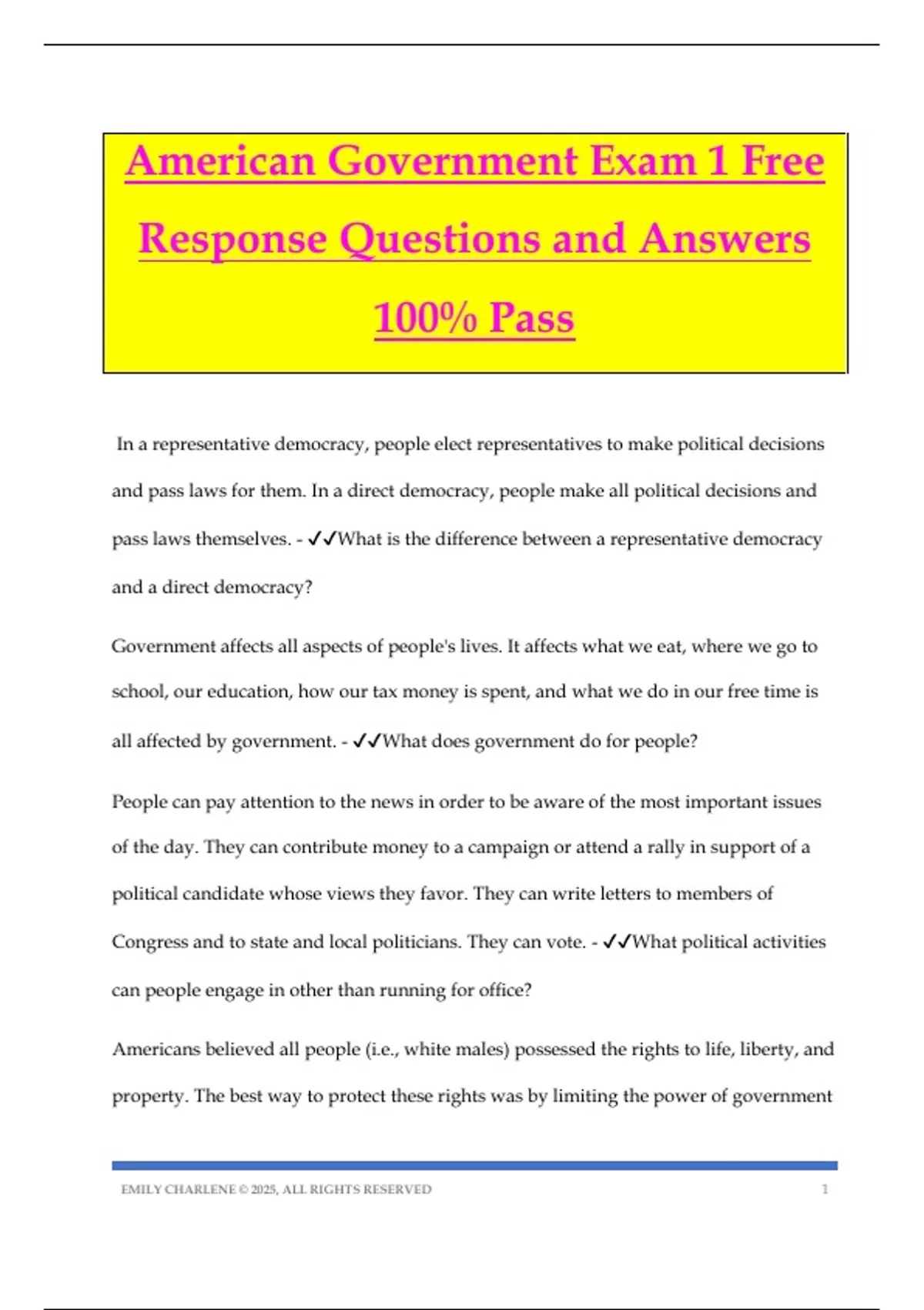 American Government Exam 1 Free Response Questions and Answers 100% ...