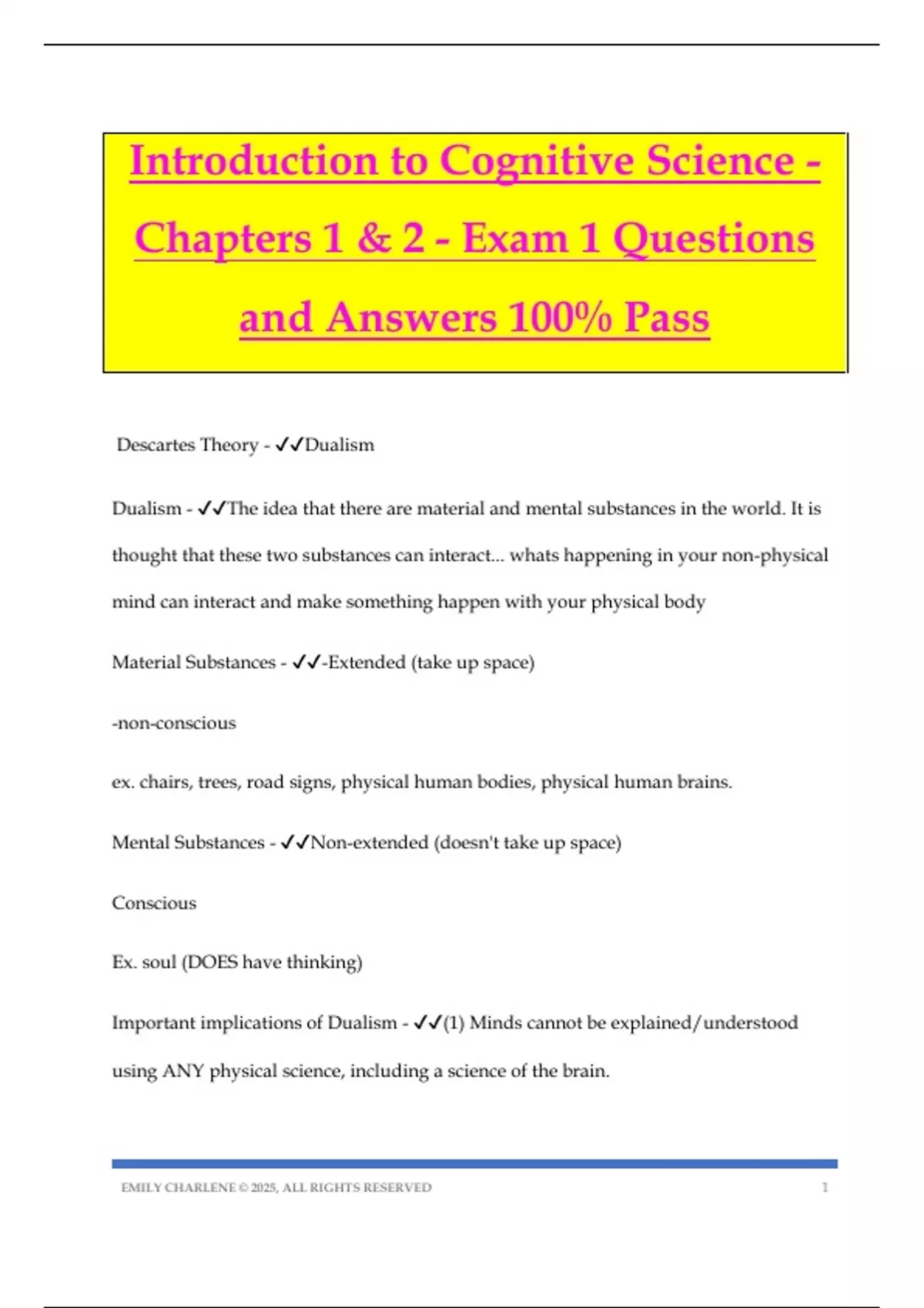 Introduction to Cognitive Science - Chapters 1 & 2 - Exam 1 Questions ...