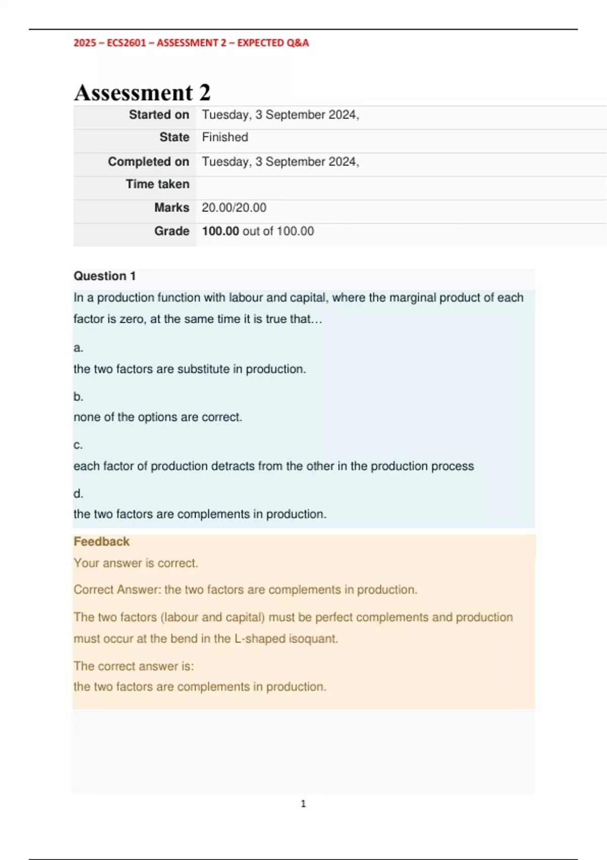 2025 - ECS2601 - ASSESSMENT 2 - QUESTIONS AND ANSWERS - SEMESTER 1 - Intermediate Microeconomics ...