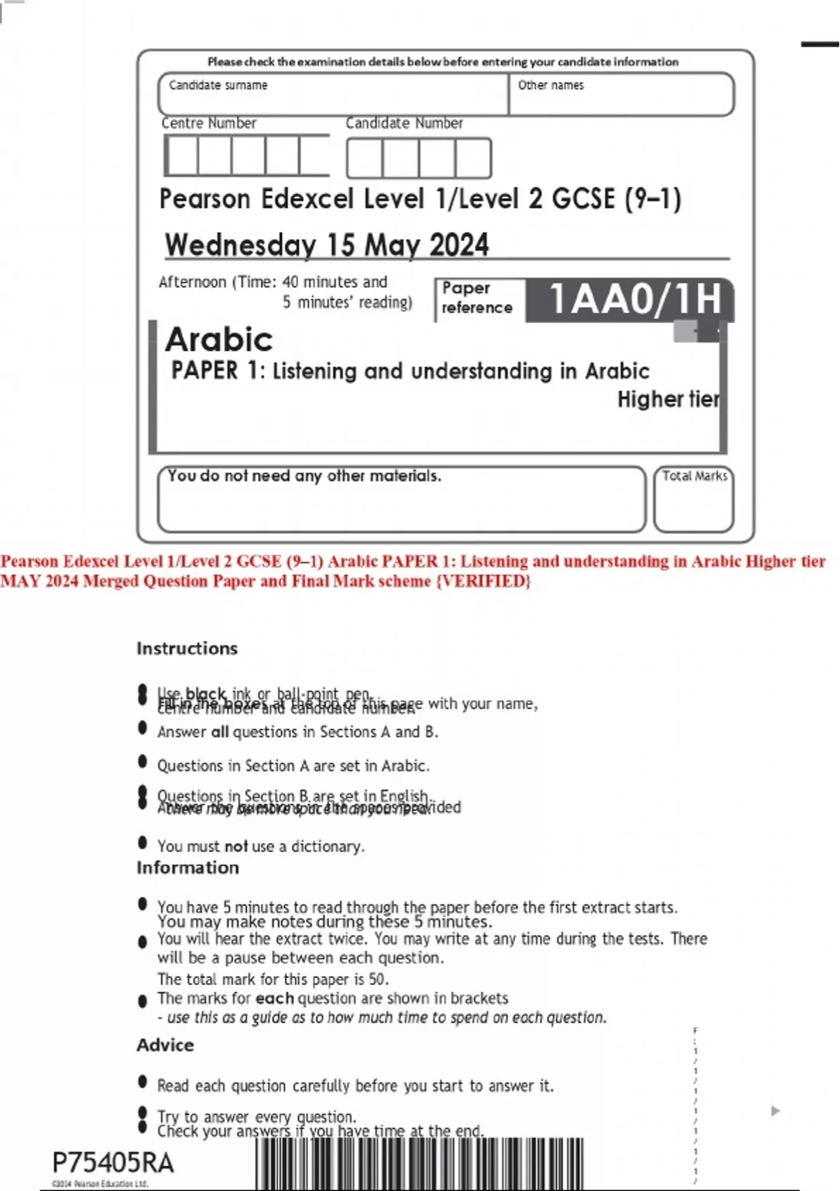 Pearson Edexcel Level 1/Level 2 GCSE (9–1) Arabic PAPER 1: Listening ...