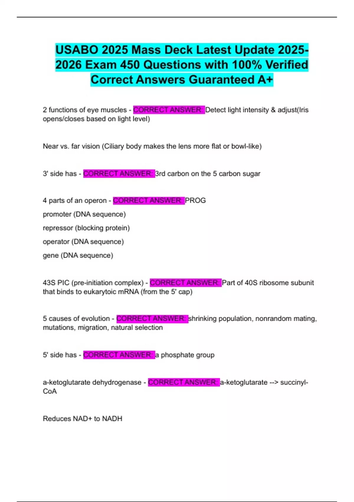 USABO 2025 Mass Deck Latest Update Exam 450 Questions with 100% ...