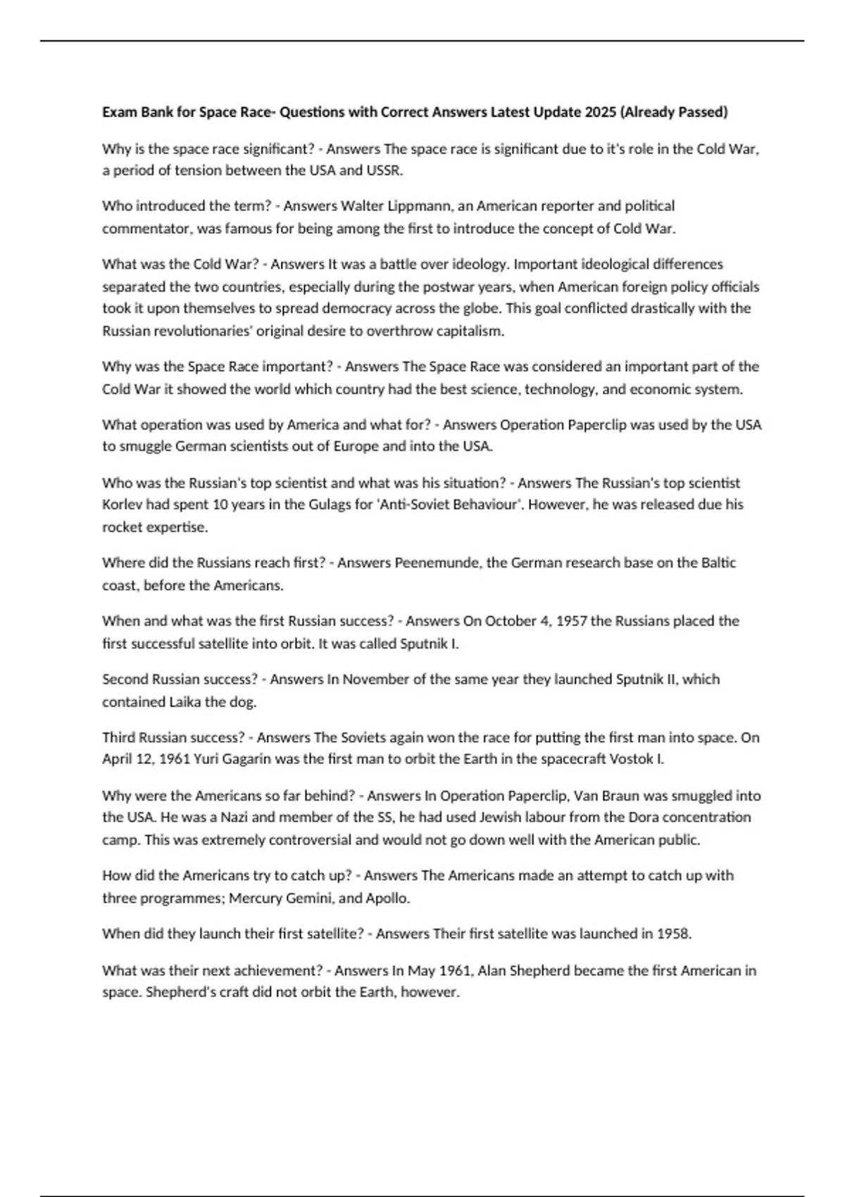 Exam Bank for Space Race- Questions with Correct Answers Latest Update ...