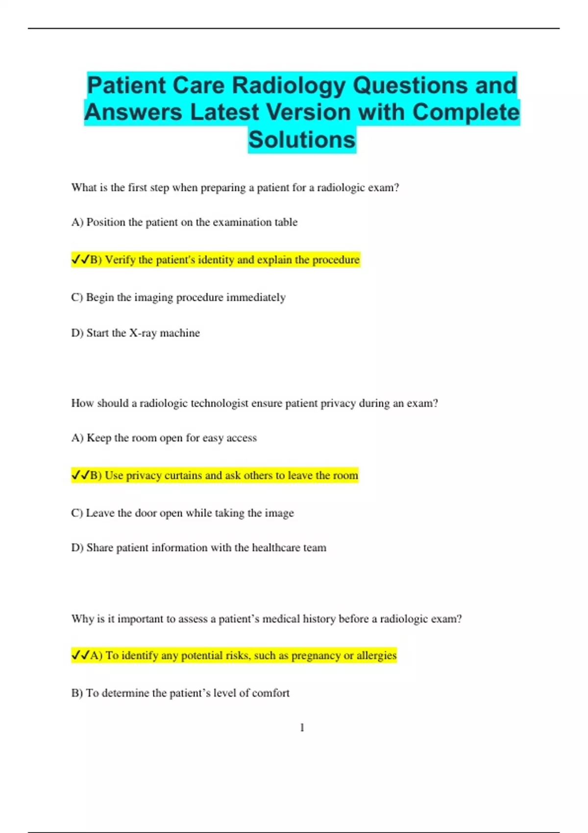 Patient Care Radiology Questions and Answers Latest Version with ...