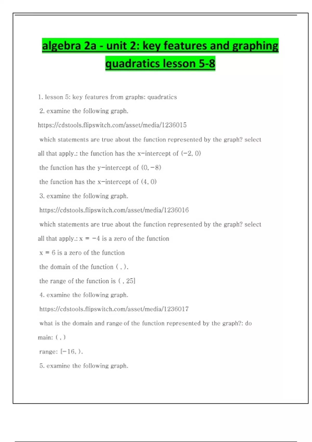 algebra 2a - unit 2: key features and graphing quadratics lesson 5-8 ...