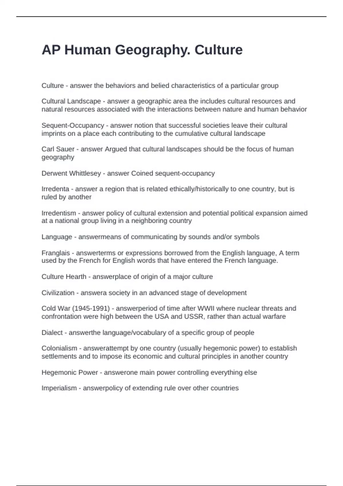 AP Human Geography. Culture Questions and Answers 2025 - AP Human ...