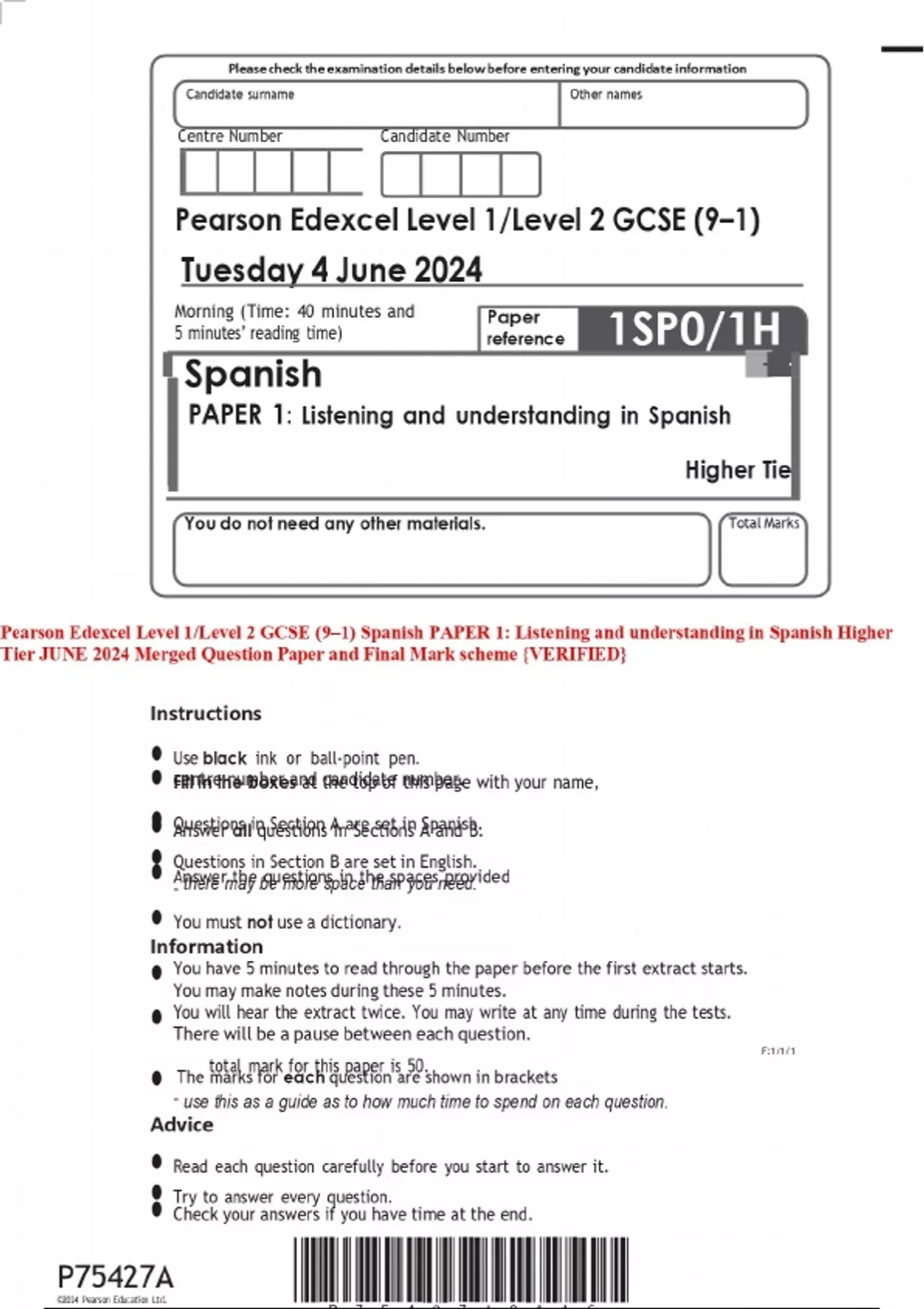 Pearson Edexcel Level 1/Level 2 GCSE (9–1) Spanish PAPER 1: Listening ...