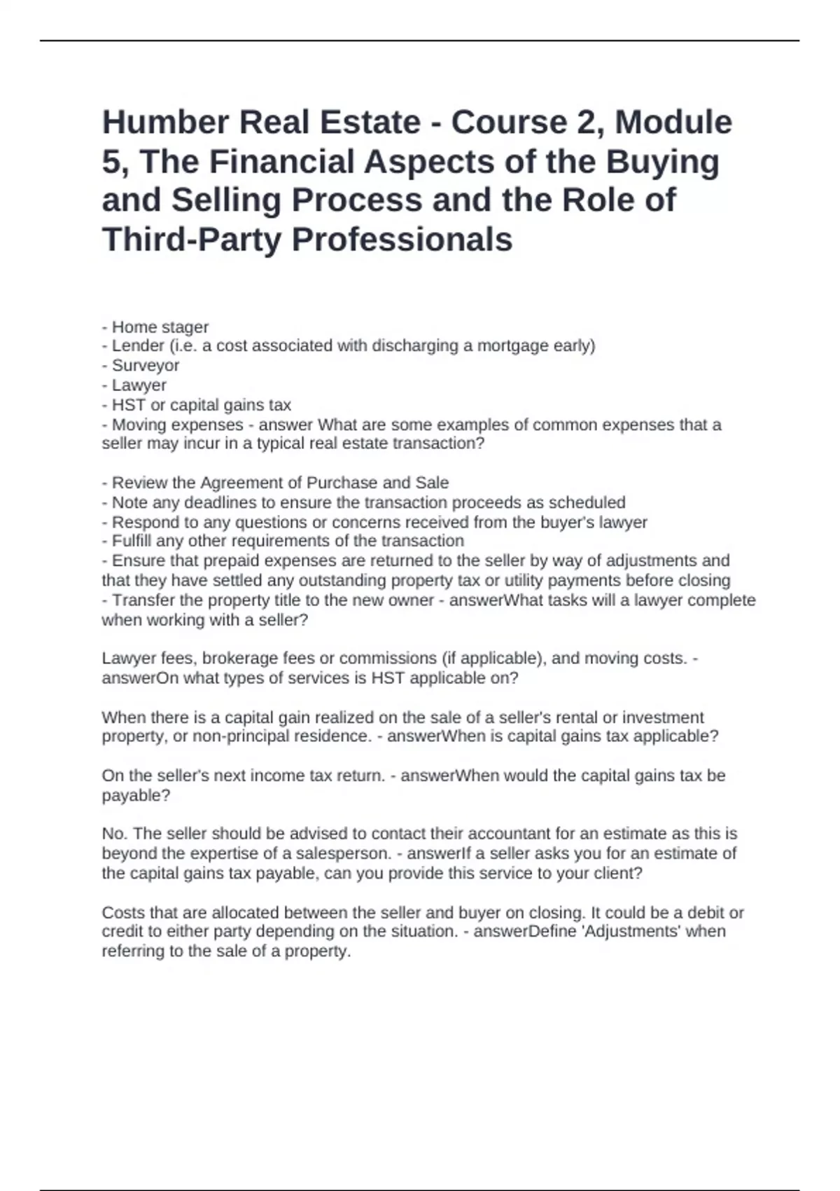 Humber Real Estate - Course 2, Module 5, The Financial Aspects of the ...