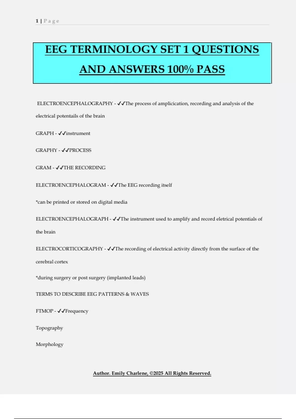 EEG TERMINOLOGY SET 1 QUESTIONS AND ANSWERS 100% PASS - EEG - Stuvia US