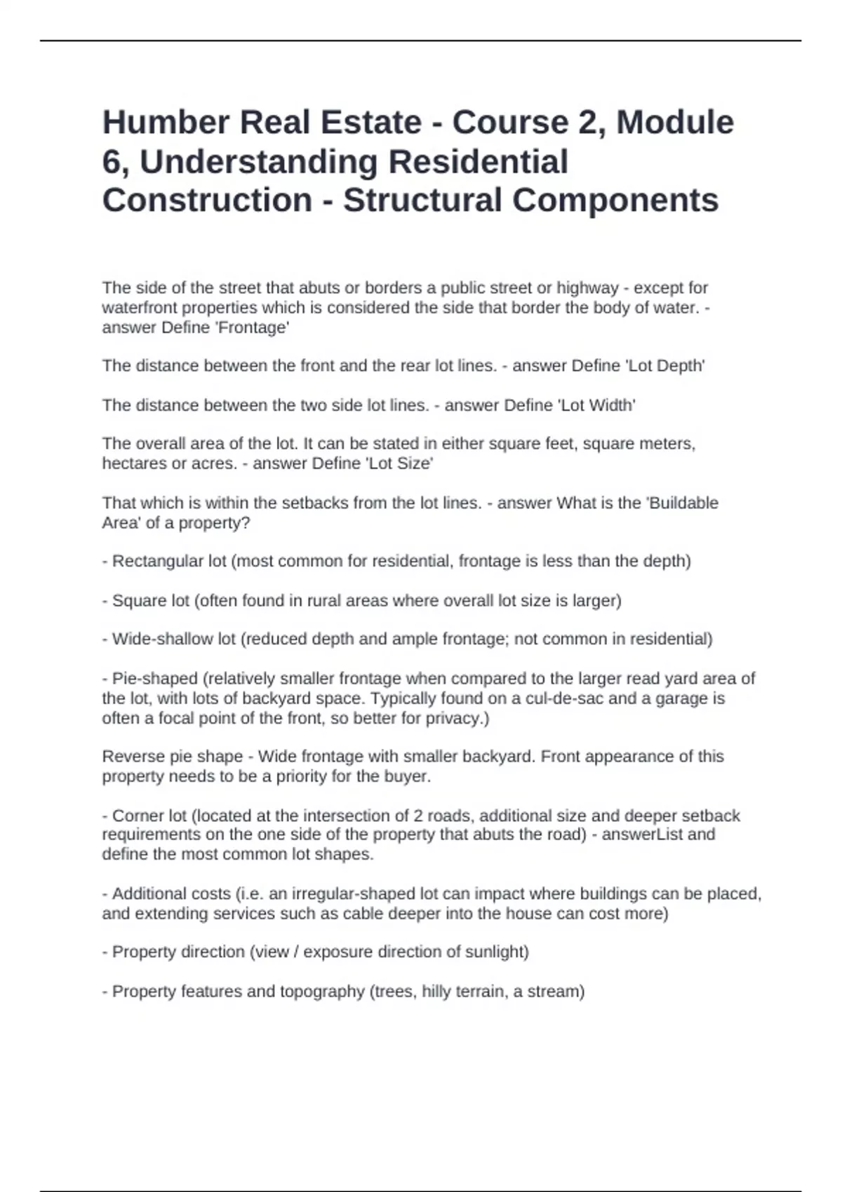Humber Real Estate - Course 2, Module 6, Understanding Residential ...