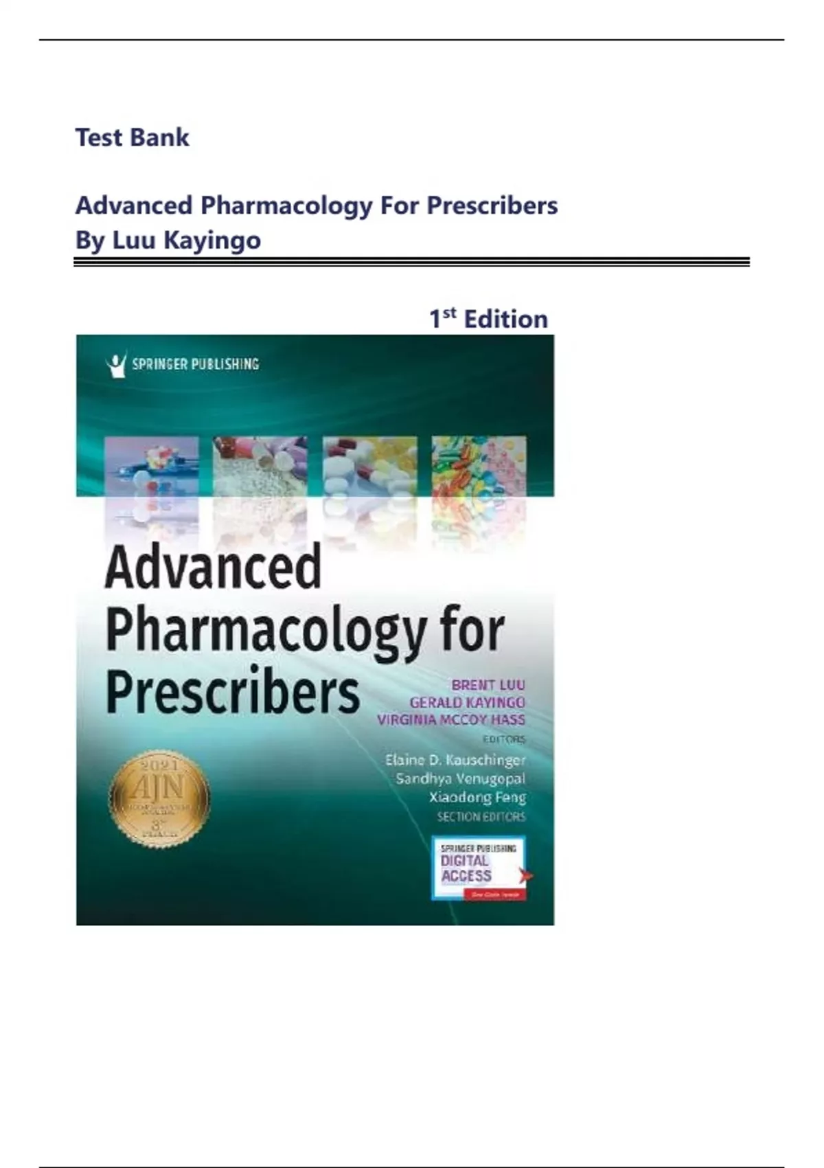 Test Bank For Advanced Pharmacology for Prescribers 1st Edition By Luu ...