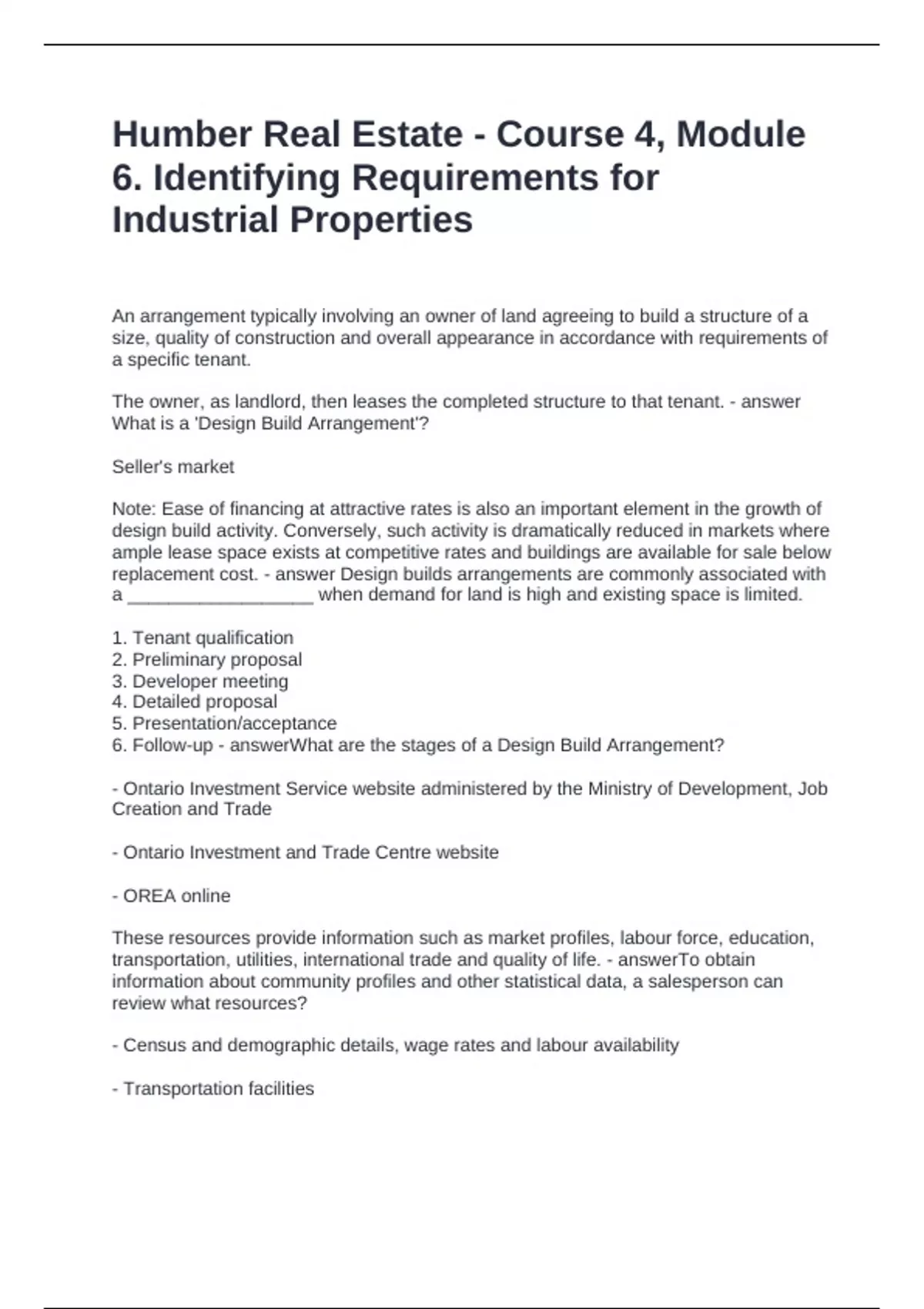 Humber Real Estate - Course 4, Module 6. Identifying Requirements for ...