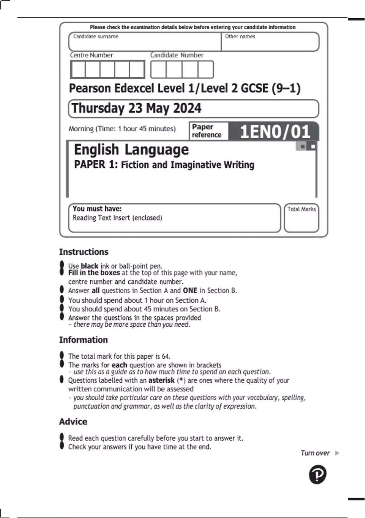 2024 Pearson Edexcel Level 1/ Level 2 GCSE (9–1) In English Language ...
