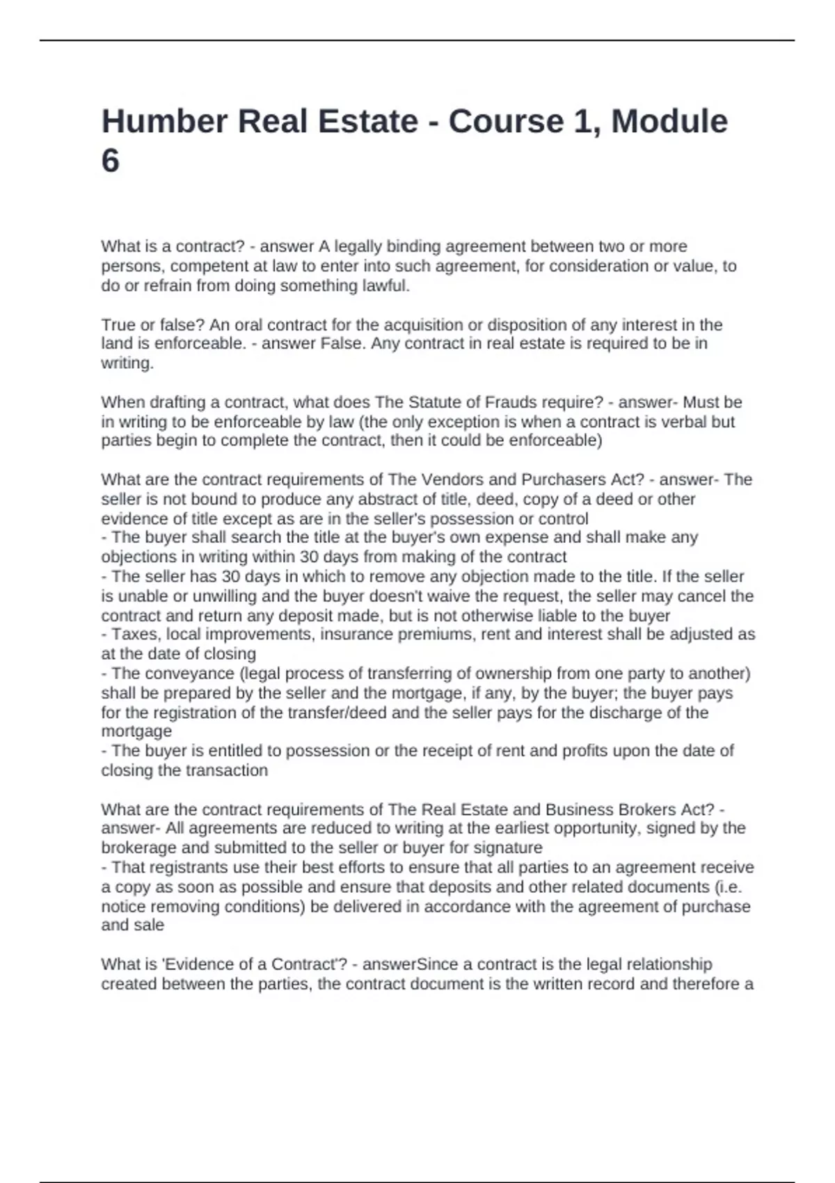 Humber Real Estate - Course 1, Module 6 Questions and Answers 2025 ...