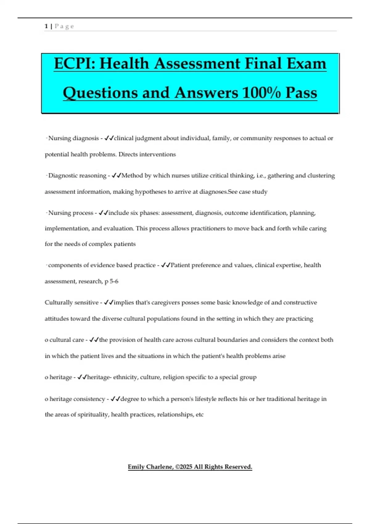 ECPI: Health Assessment Final Exam Questions and Answers 100% Pass ...