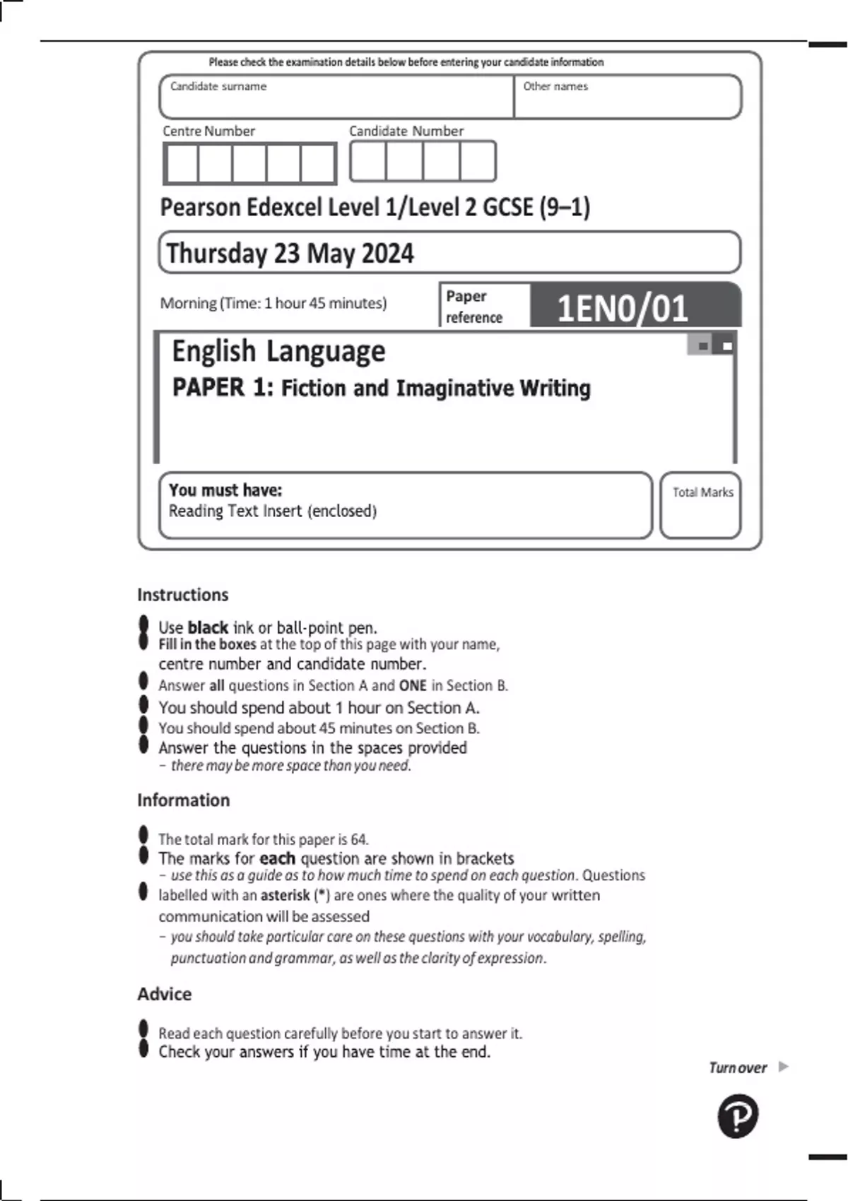 2024 Pearson Edexcel Level 1/ Level 2 GCSE (9–1) In English Language ...
