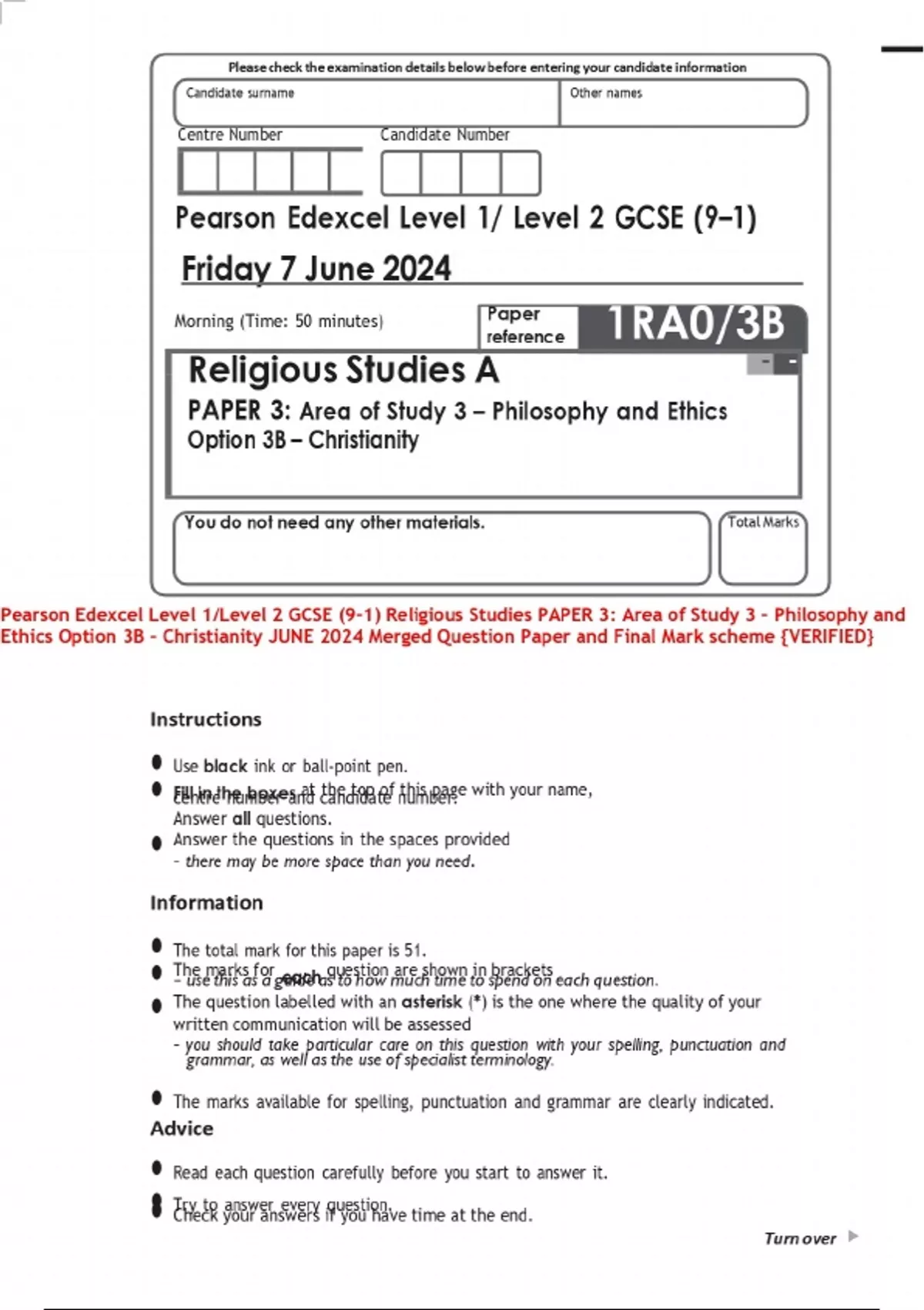 Pearson Edexcel Level 1/Level 2 GCSE (9–1) Religious Studies PAPER 3 ...