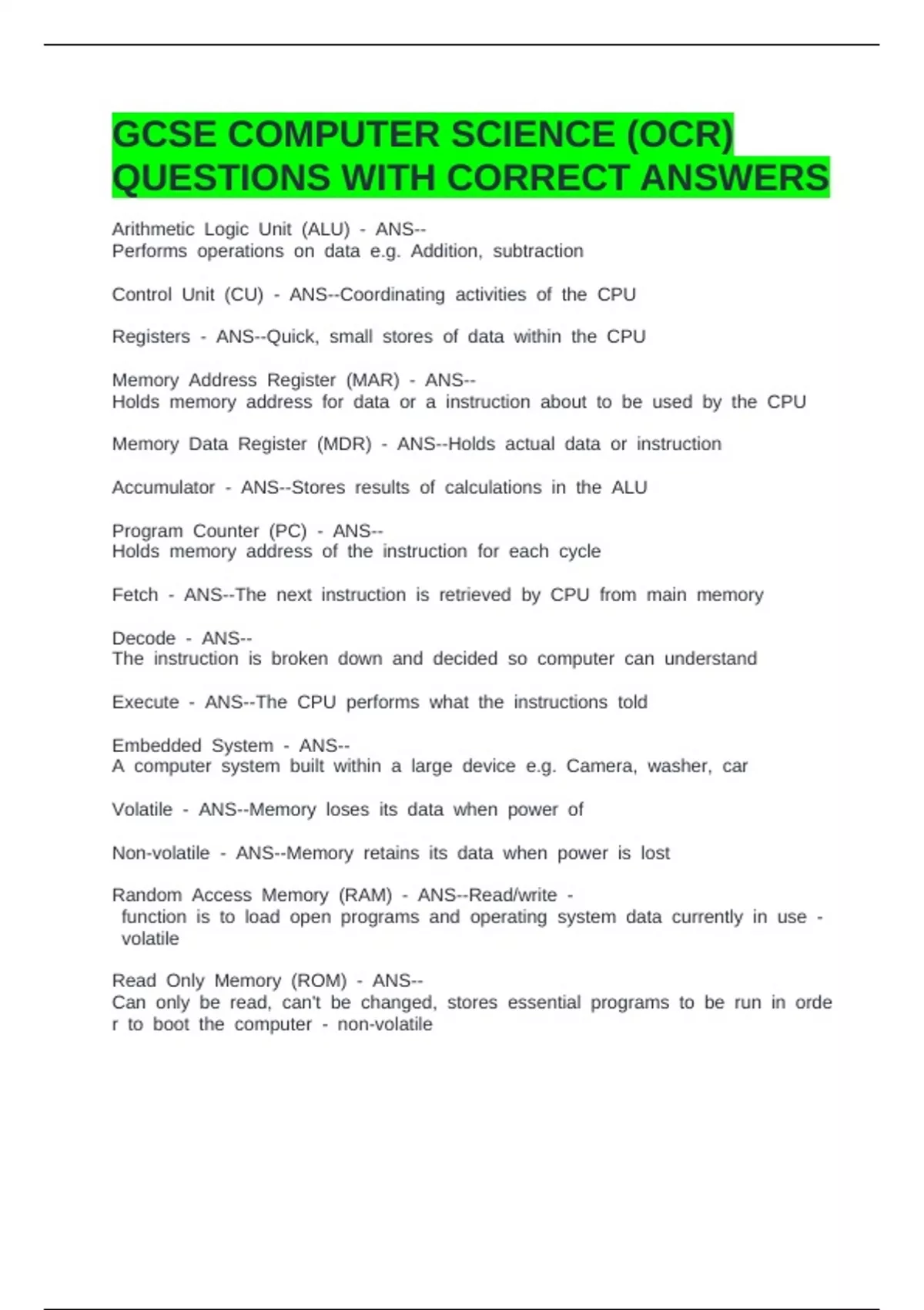 GCSE COMPUTER SCIENCE (OCR) QUESTIONS WITH CORRECT ANSWERS - OCR GCSE - Stuvia US